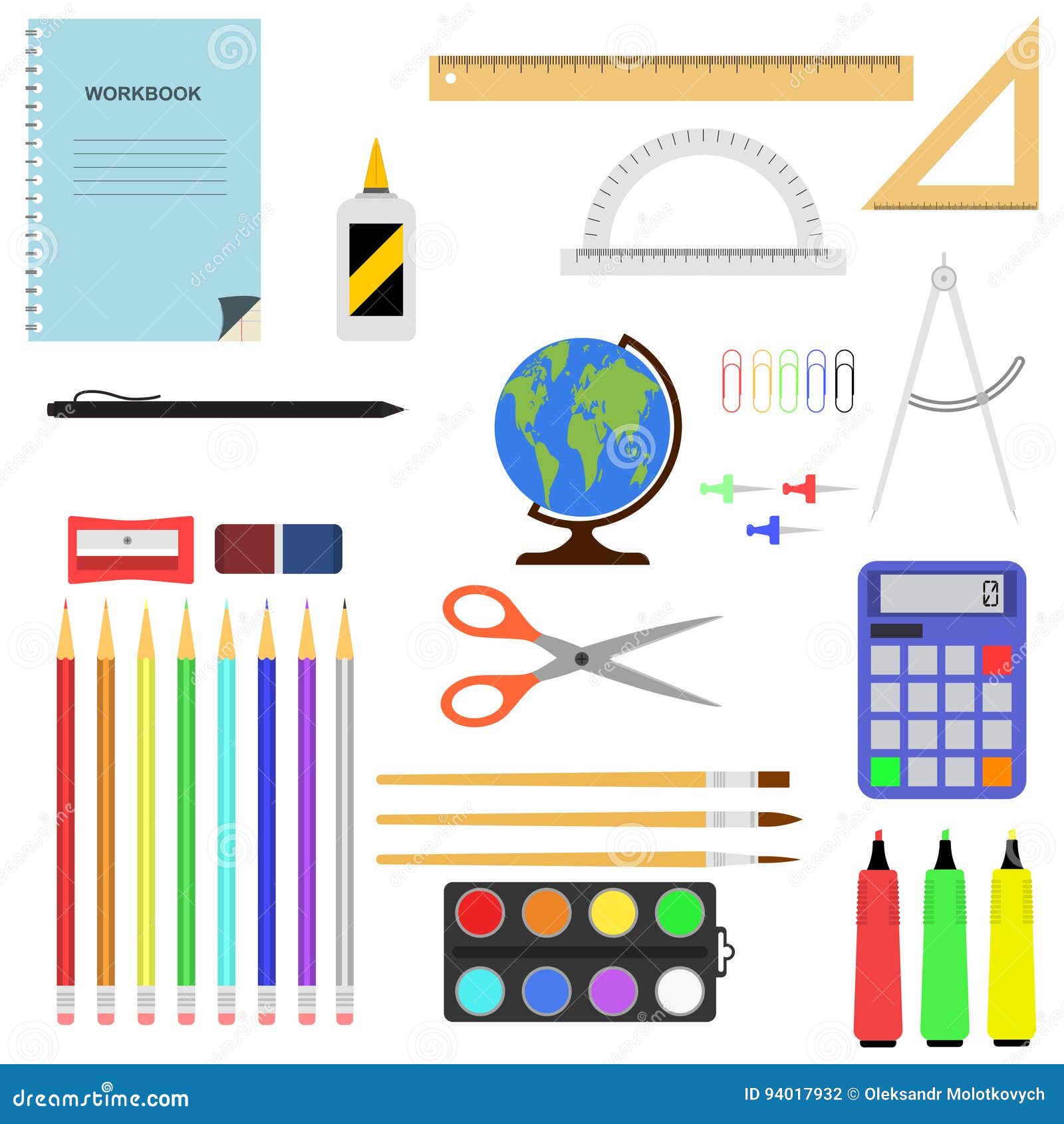 Vector Set of School Supplies and Tools. Isolated on White Background ...