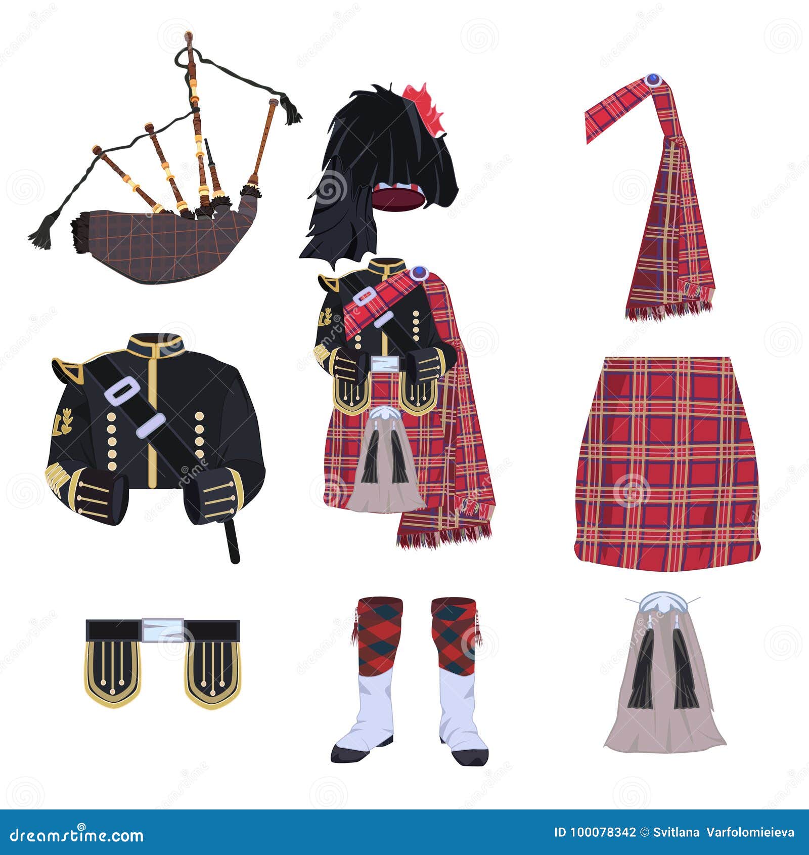 Scottish Traditional Costume Elements and Bagpipes Flat Vector Icon Set Stock Vector ...