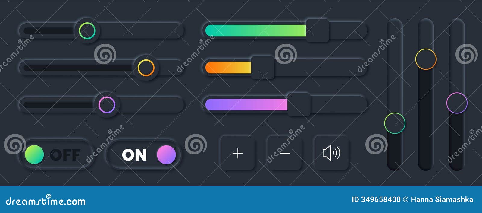Scroll Bars Set , Brightness Sliders, Turn on and Off Toggle Switch Buttons for Website Stock ...