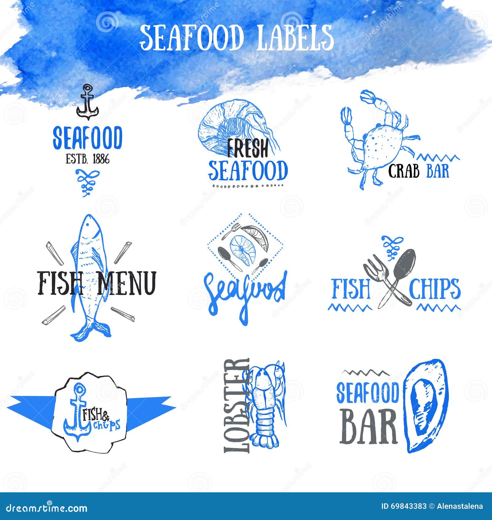 Vector Set of Seafood Labels and Signs Stock Vector - Illustration of ...