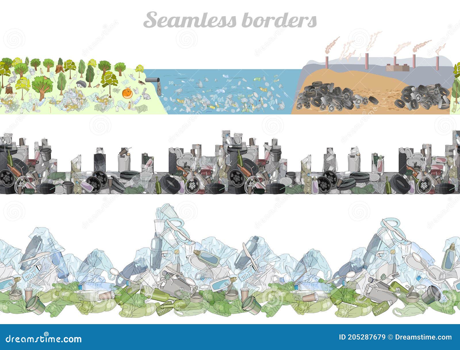 Vector Set of Seamless Borders with Plastic Garbage and Straws on the ...