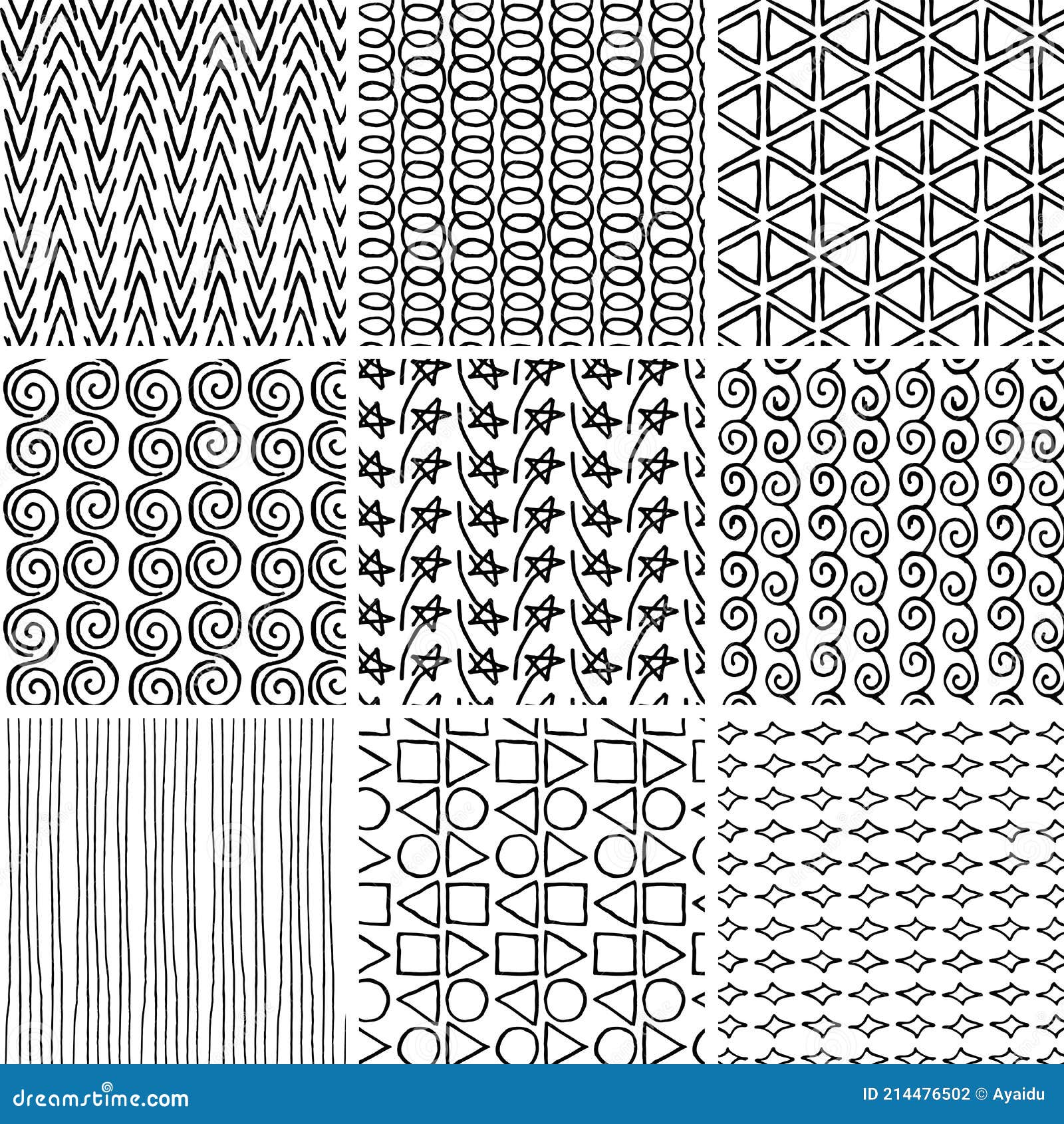 Vector Set of Seamless Endless Hand-drawn Ink Patterns, Doodles in ...