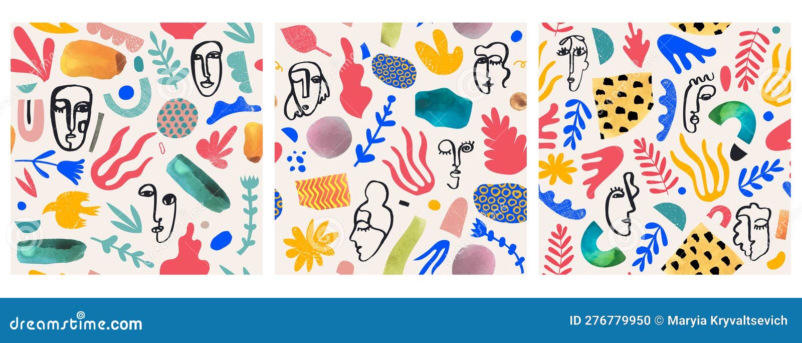 Vector Set Of Seamless Patterns. Collage Cutout Shapes, Flowers And ...