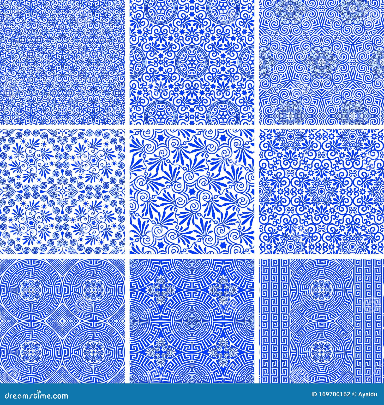 Vector Set of Seamless Traditional and Modern Greek Blue Patterns on a ...