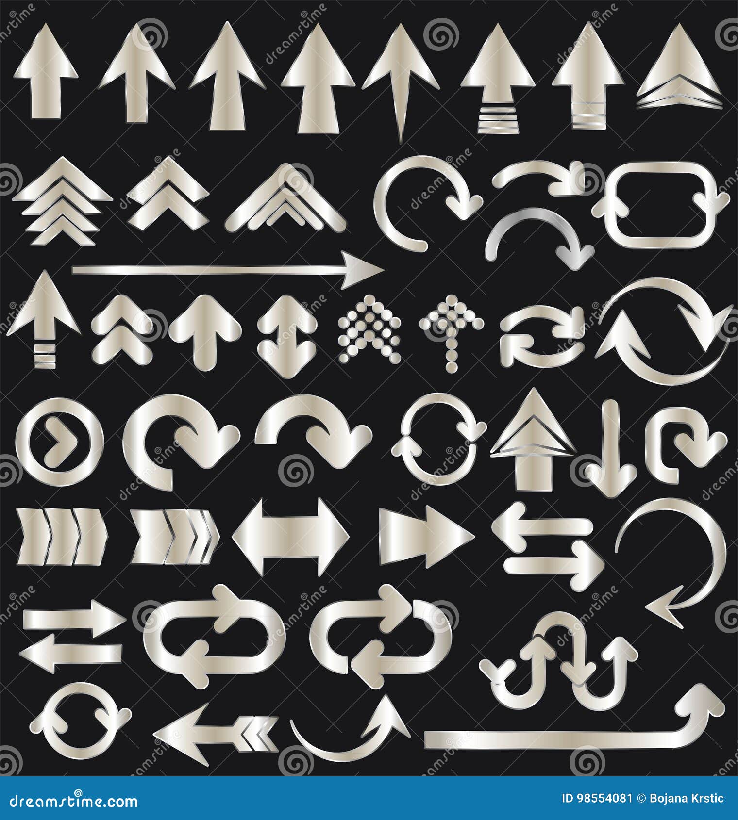 Vector Set of Silver Arrow Shapes on Black Stock Vector - Illustration ...