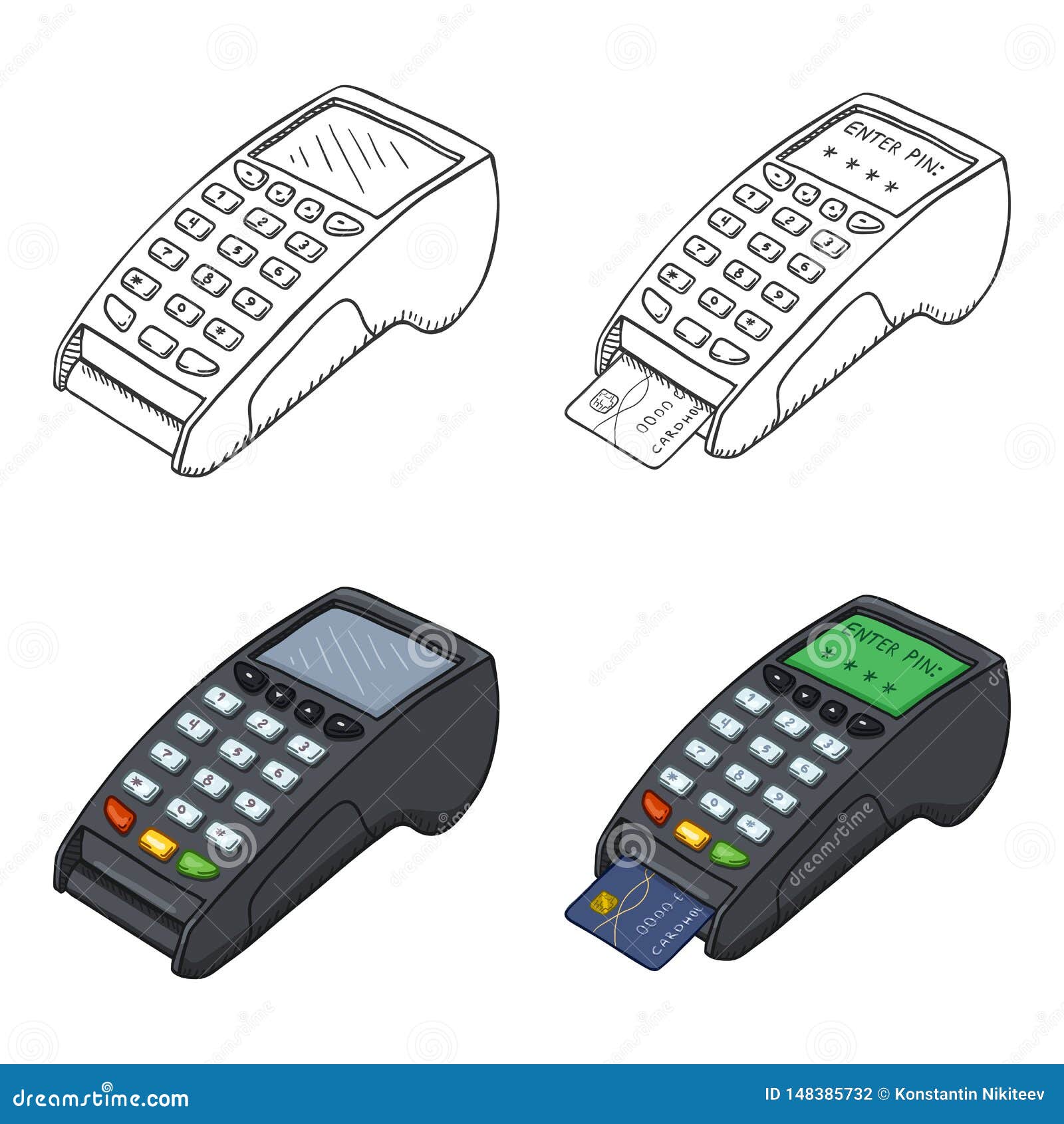 Vector Set Of Sketch And Cartoon Payment Terminal Illustration ...
