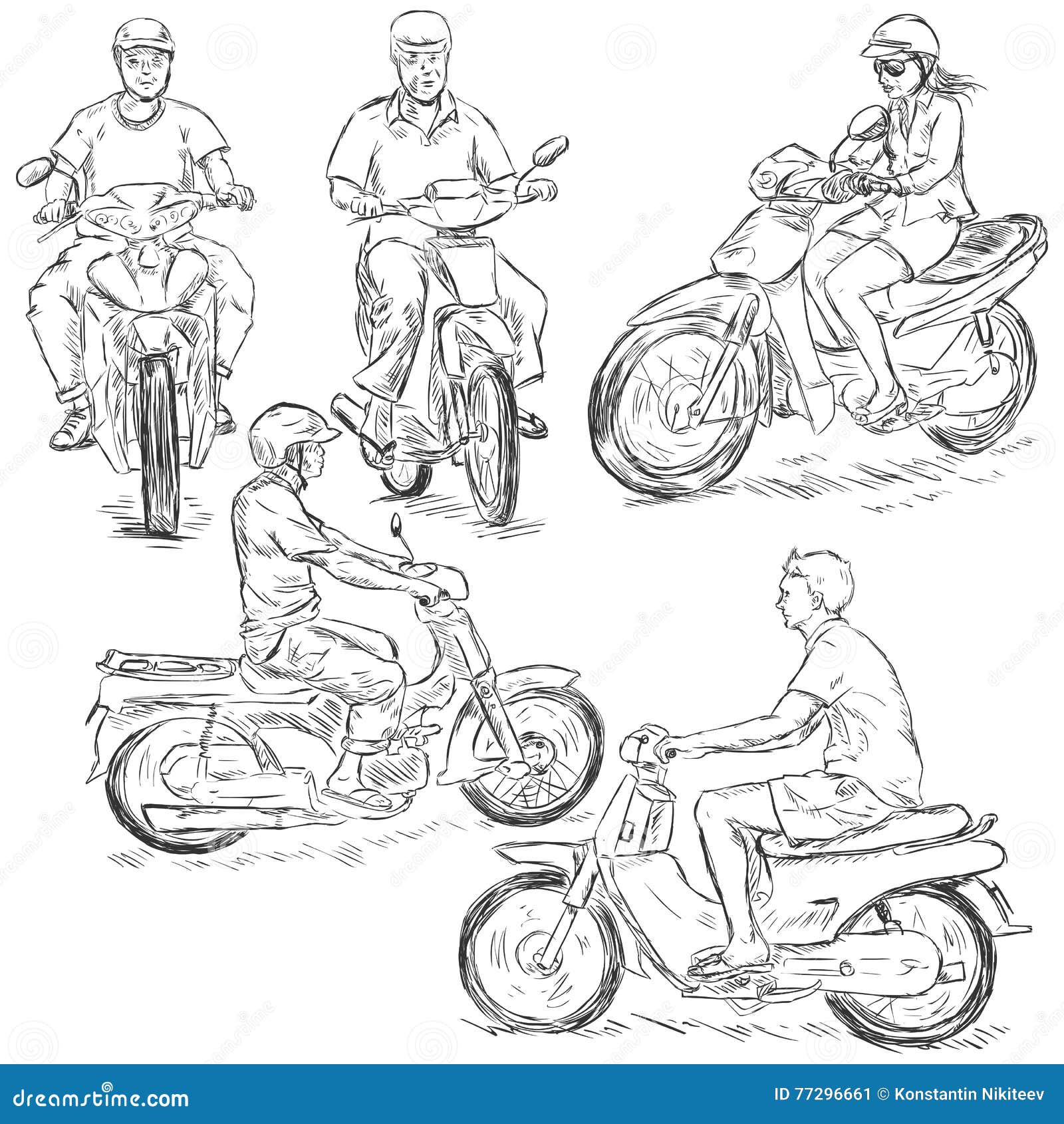 Vector Set of Sketch Riders on Motorbikes Stock Vector - Illustration ...