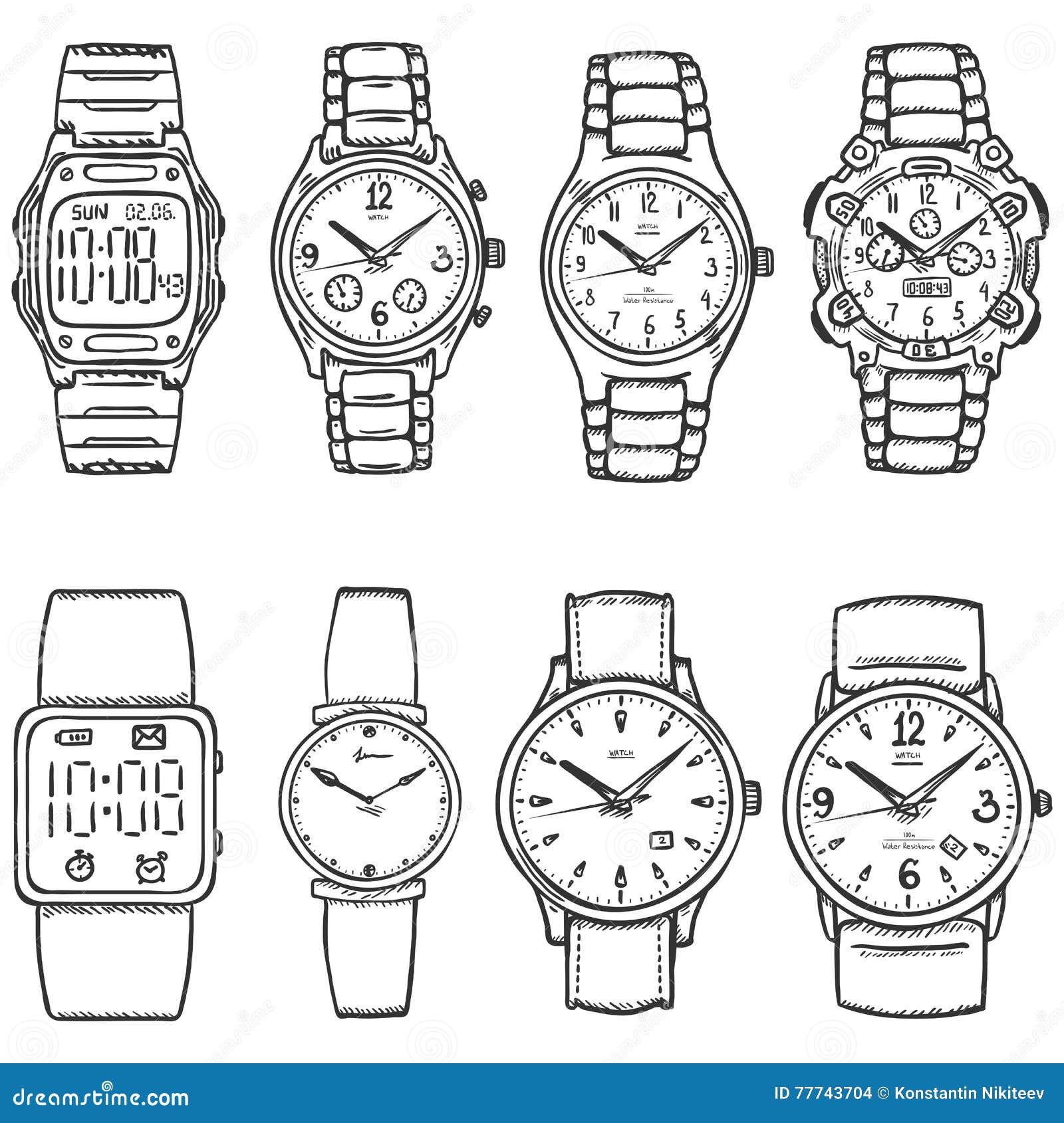 Vector Set of Sketch Wrist Watches Stock Vector - Illustration of ...