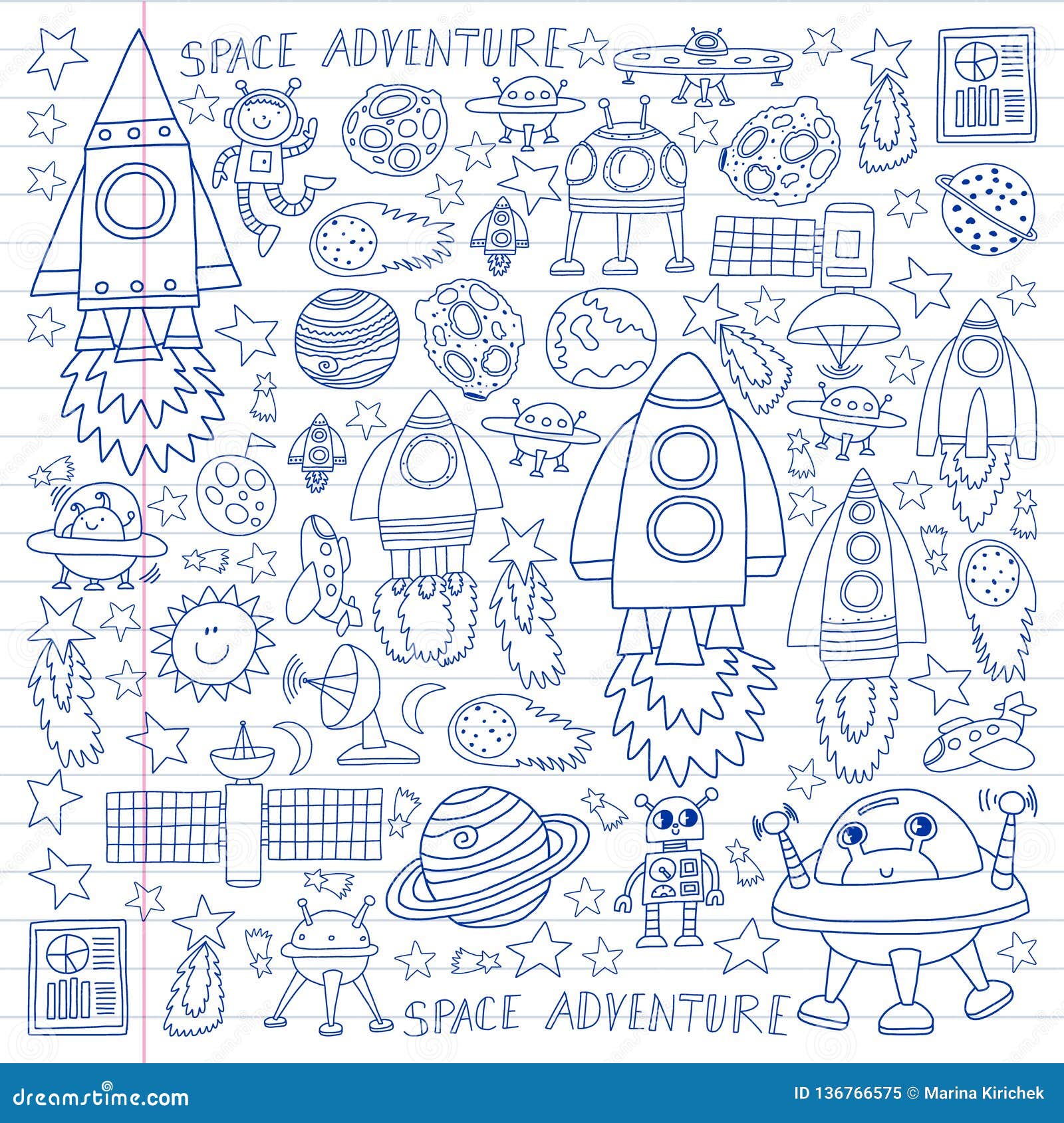 Vector Set of Space Elements Icons in Doodle Style. Painted, Drawn with ...