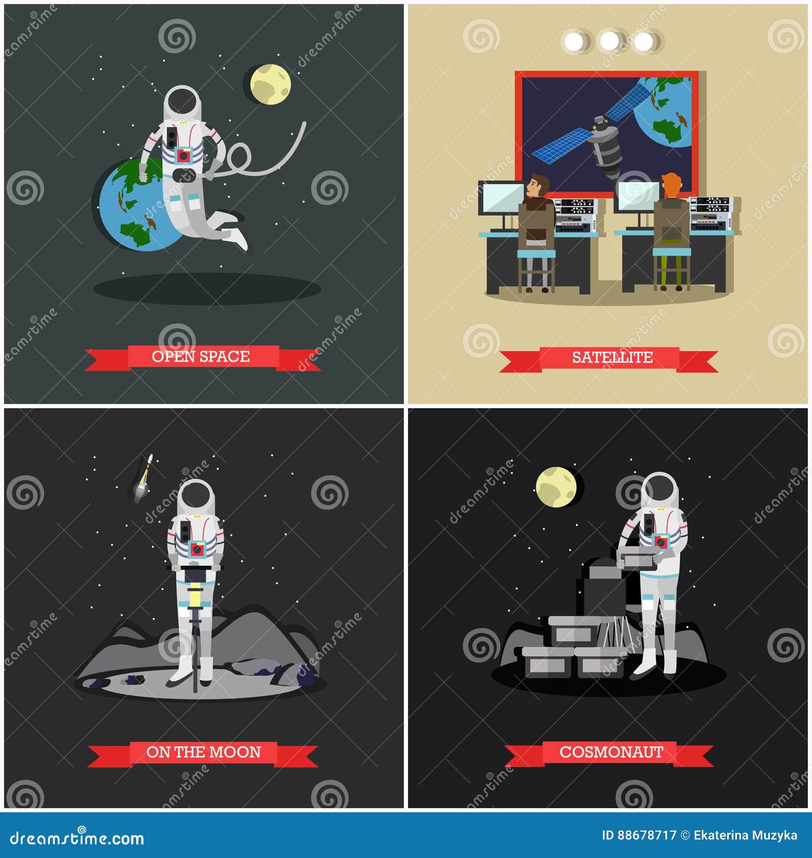 Vector Set of Space Exploration Posters, Banners in Flat Style. Stock ...