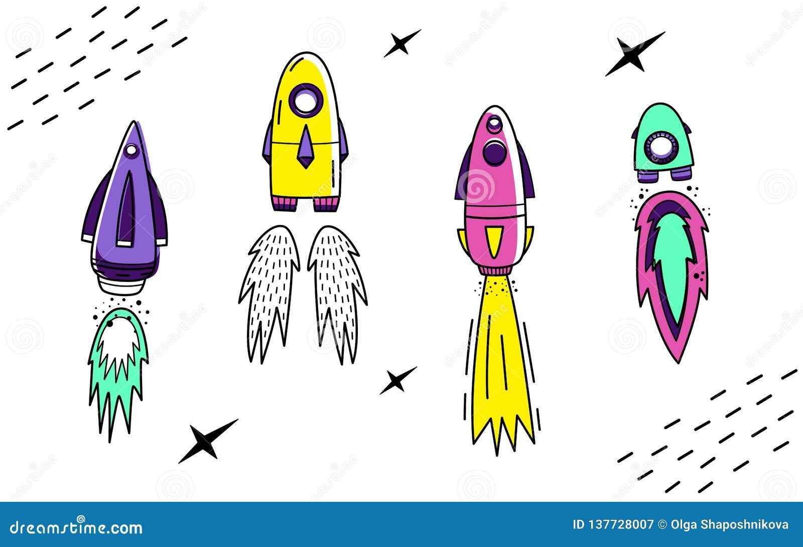 Vector Set with Space Rockets. Doodle Style. Colored Isolates. 4 ...