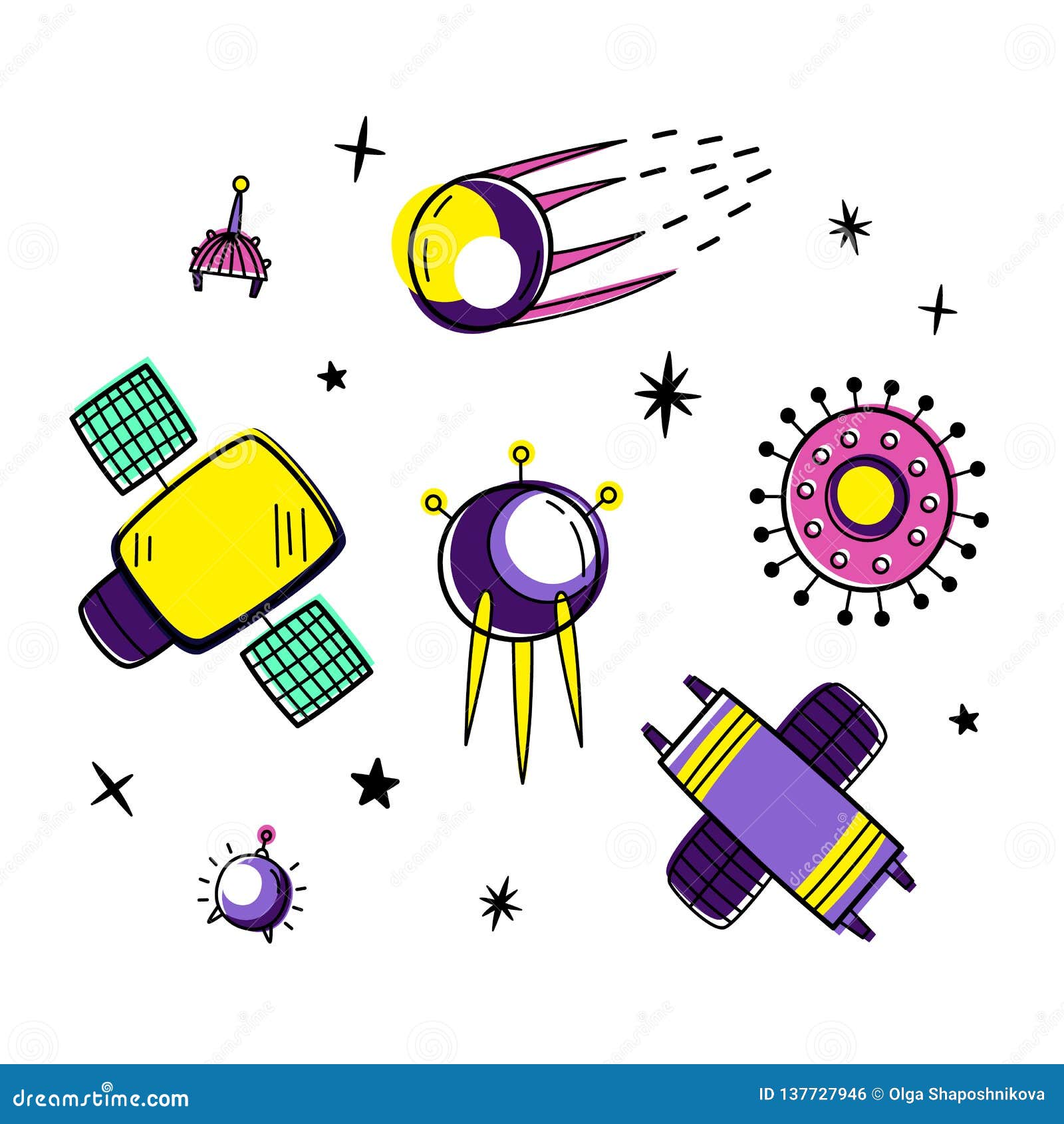 Vector Set with Space Satellites. Doodle Style. Colored Isolates. 7 ...