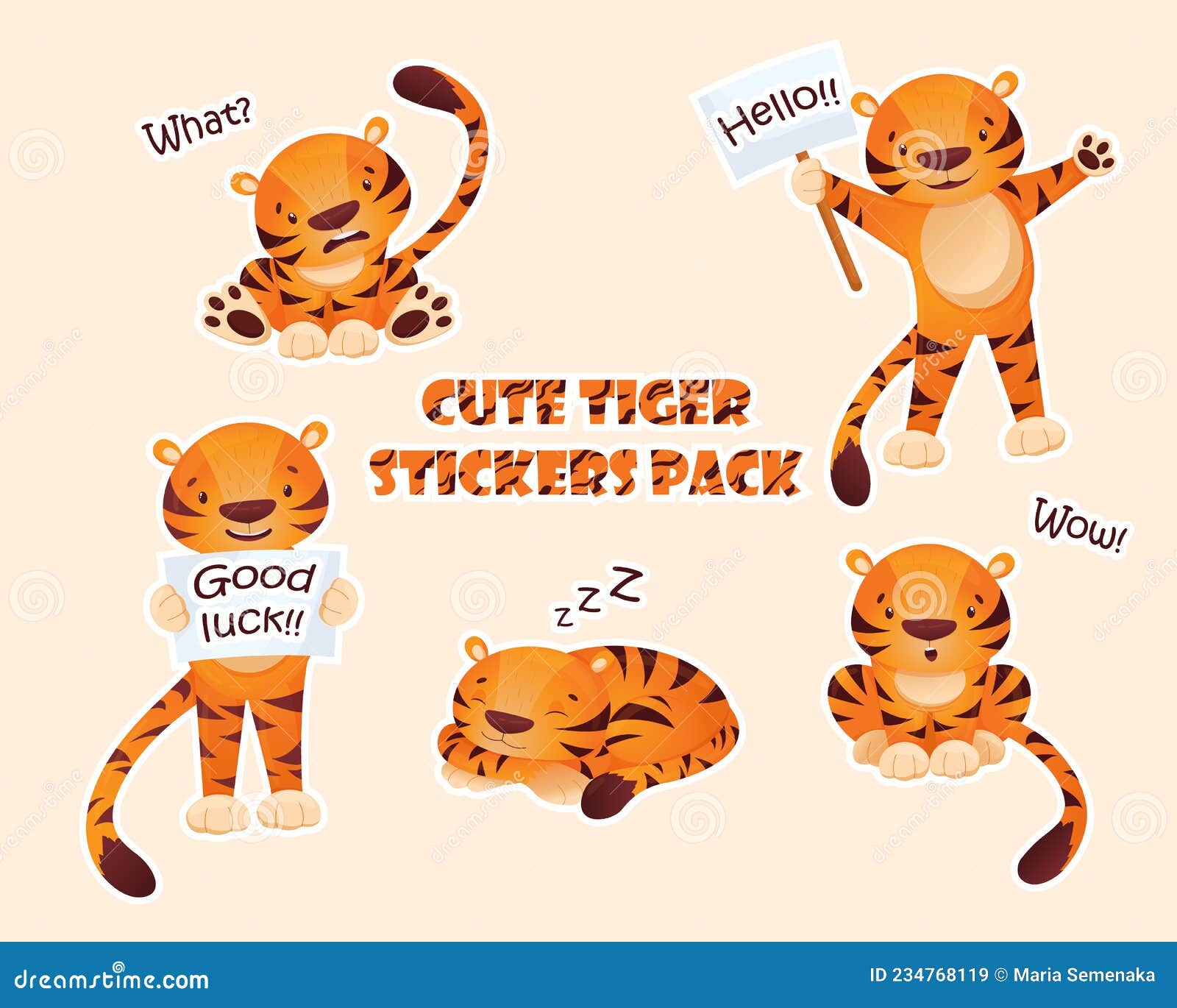 Vector Set of Stickers Tiger Cubs with Inscriptions. 6 Stickers with ...