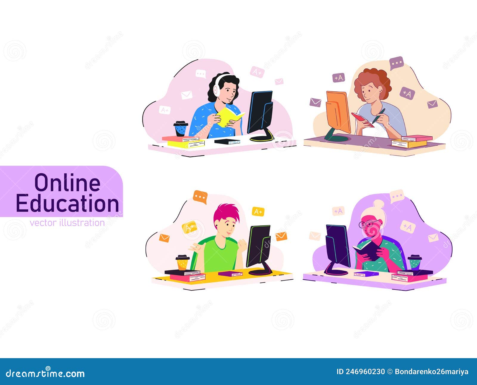 Set of Students Learning Online Stock Illustration - Illustration of ...