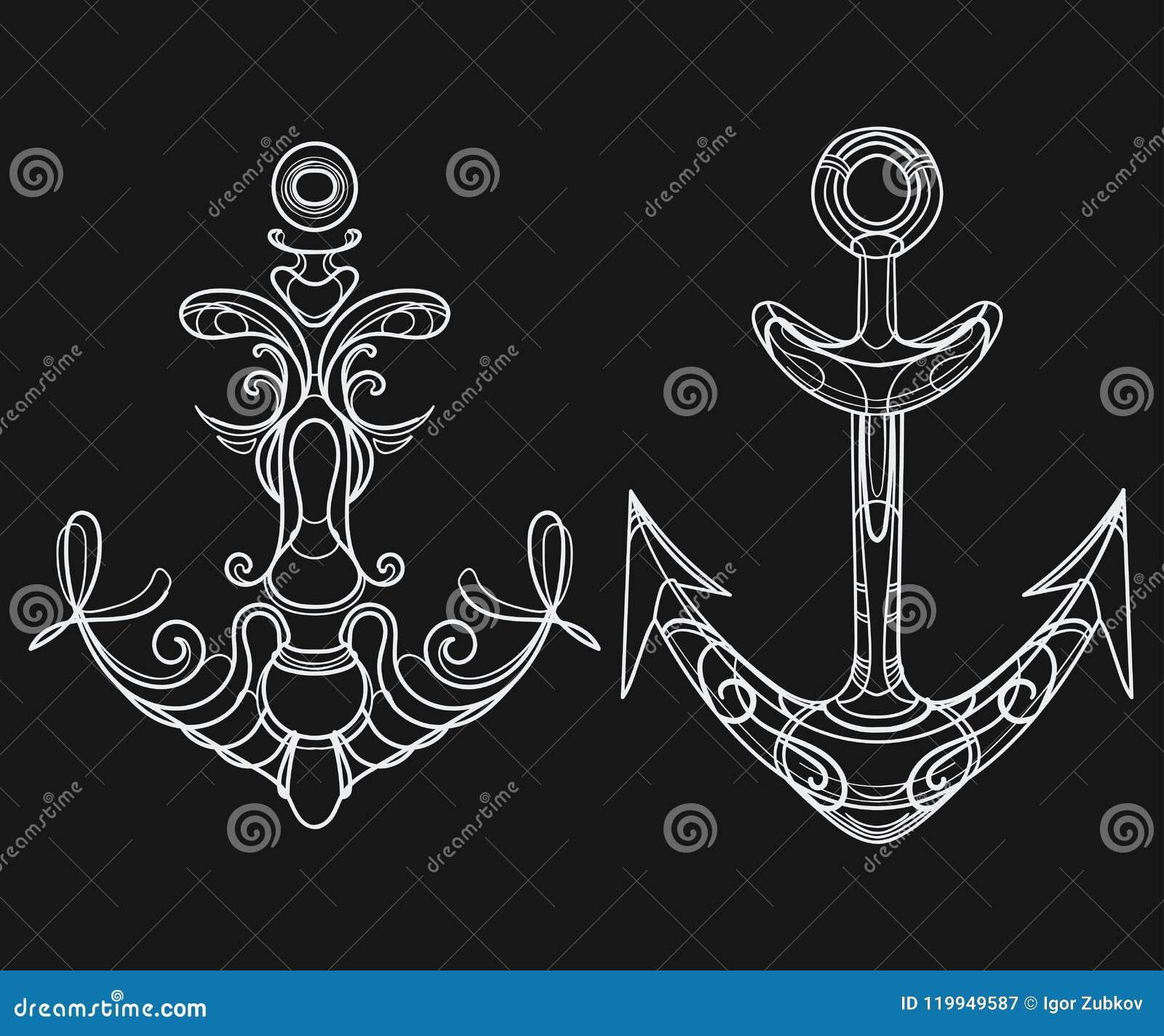 Vector Set of Stylized Ship Anchors. Linear Art. Collection of Tattoos with an Anchor. Stock ...