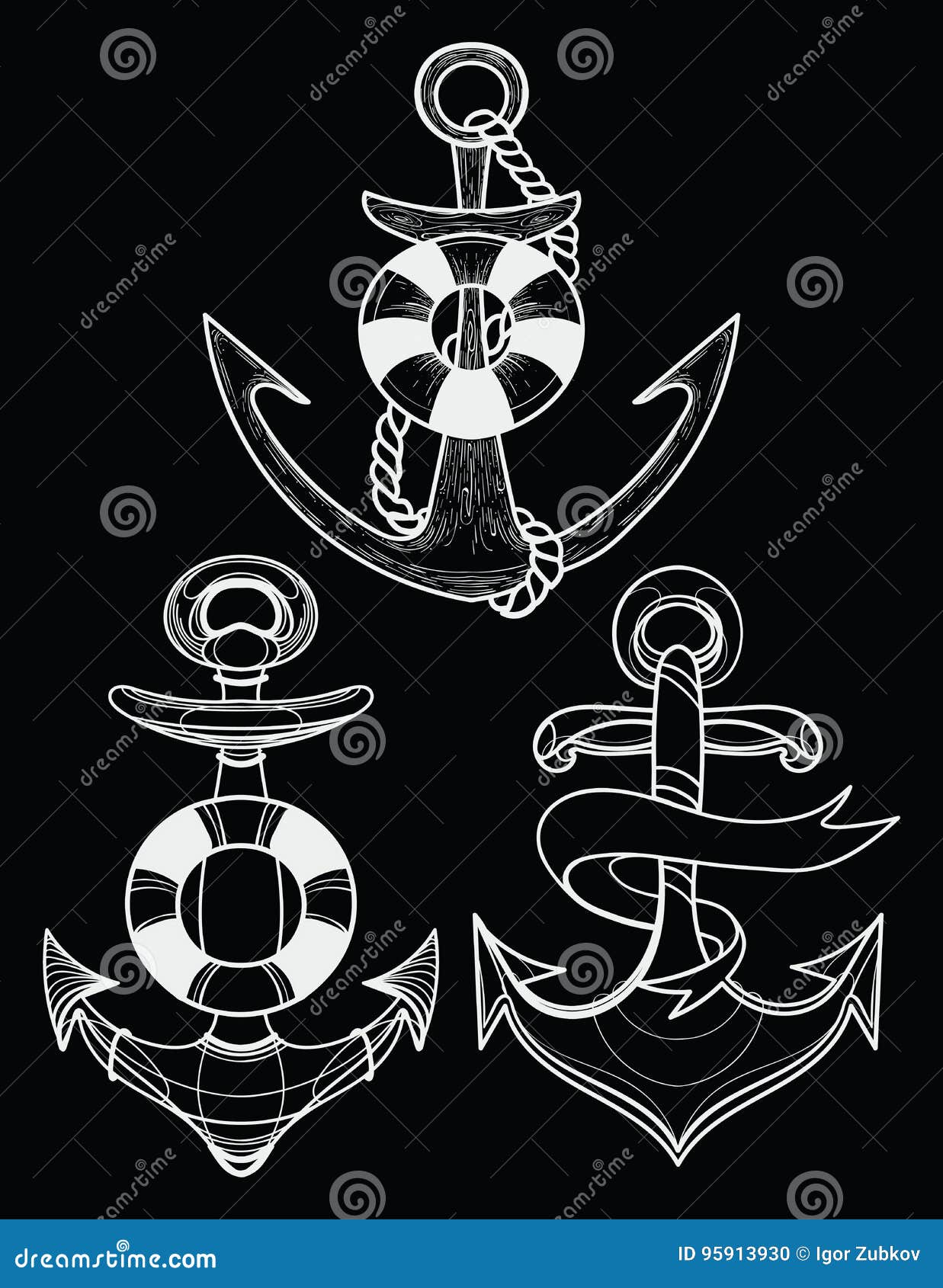 Vector Set of Stylized Ship Anchors. Linear Art. Collection of Tattoos ...