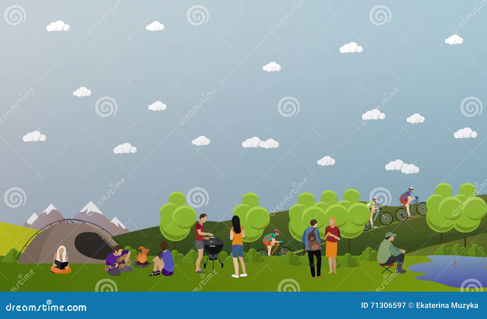 Vector Set of Summer Recreation Concept Banners in Flat Style. People ...