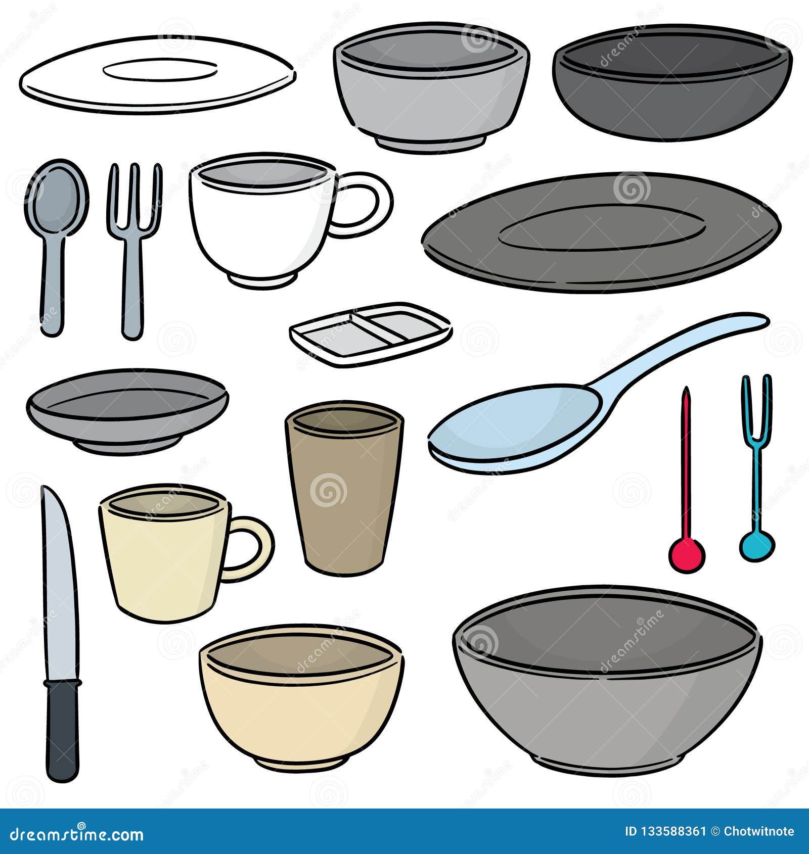 Vector set of tableware stock vector. Illustration of bowl - 133588361