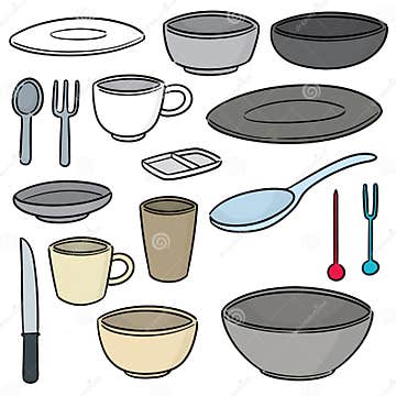 Vector set of tableware stock vector. Illustration of bowl - 133588361