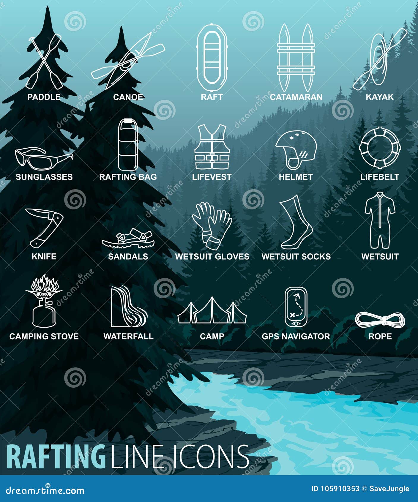 Vector Set of Thin Line Icons - Rafting Whitewater Travel Stock Vector ...