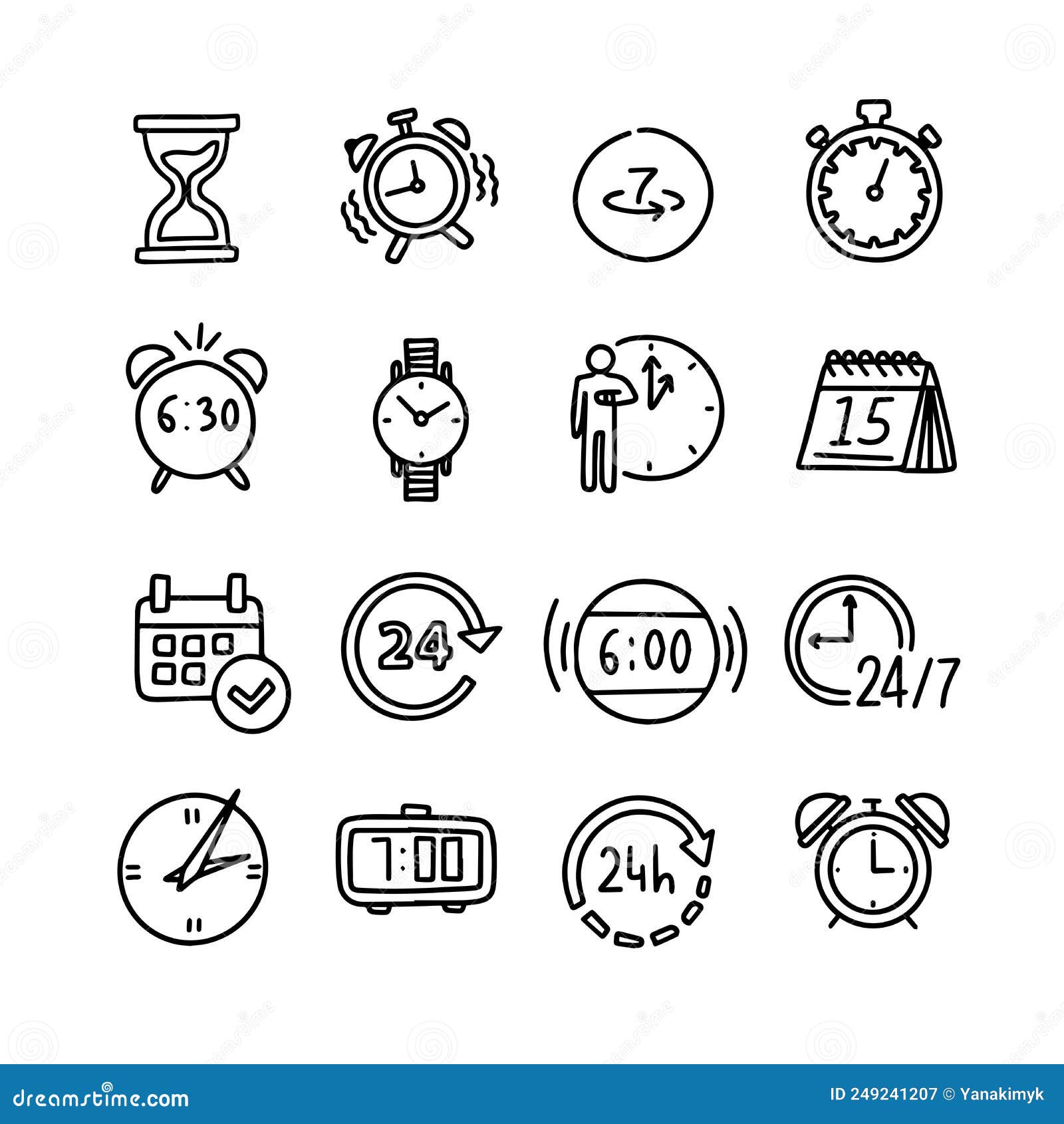 Vector Set of Time Clock Icons. Outline Doodle Drawing Style Stock ...