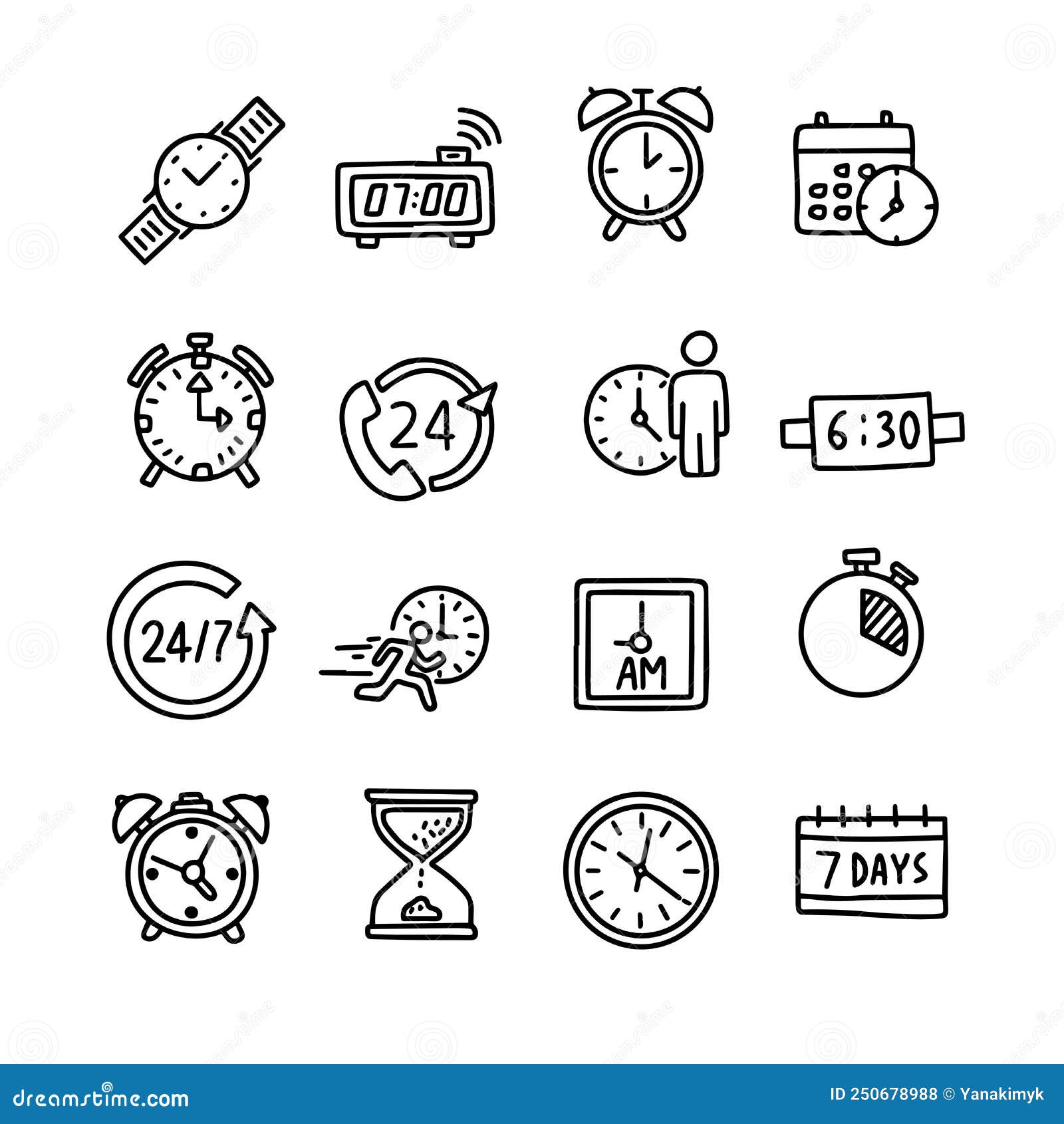 Vector Set of Time Clock Icons. Outline Doodle Drawing Style Stock ...