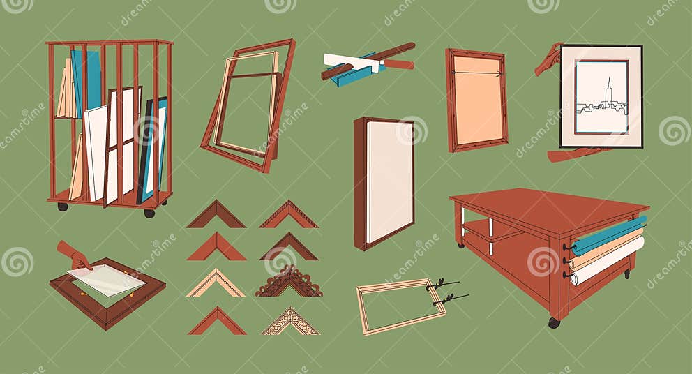 Vector Set of Tools for Framing Paintings. Framing Workshop Stock ...