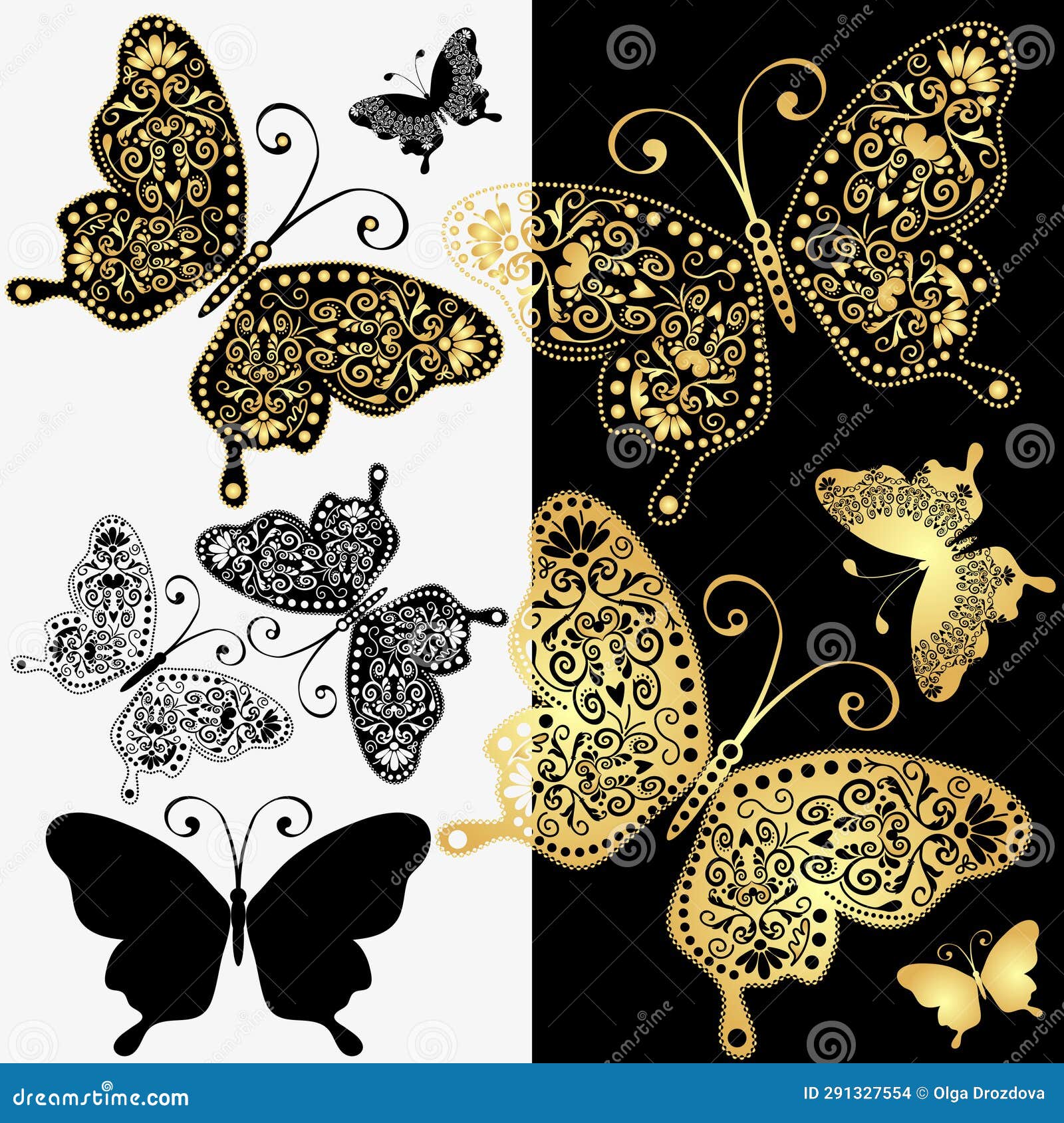 Vector Set of Tracery Vintage Gold and Black Butterflies Stock Vector ...