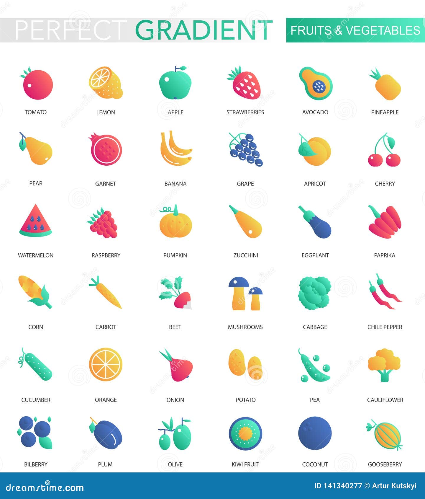 Vector Set of Trendy Flat Gradient Fruits and Vegetables Icons. Stock ...