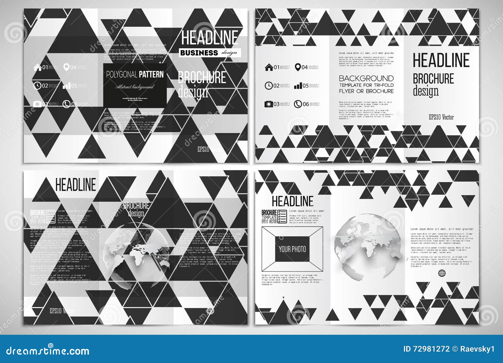 Vector Set of Tri-fold Brochure Design Template. Triangular Pattern ...