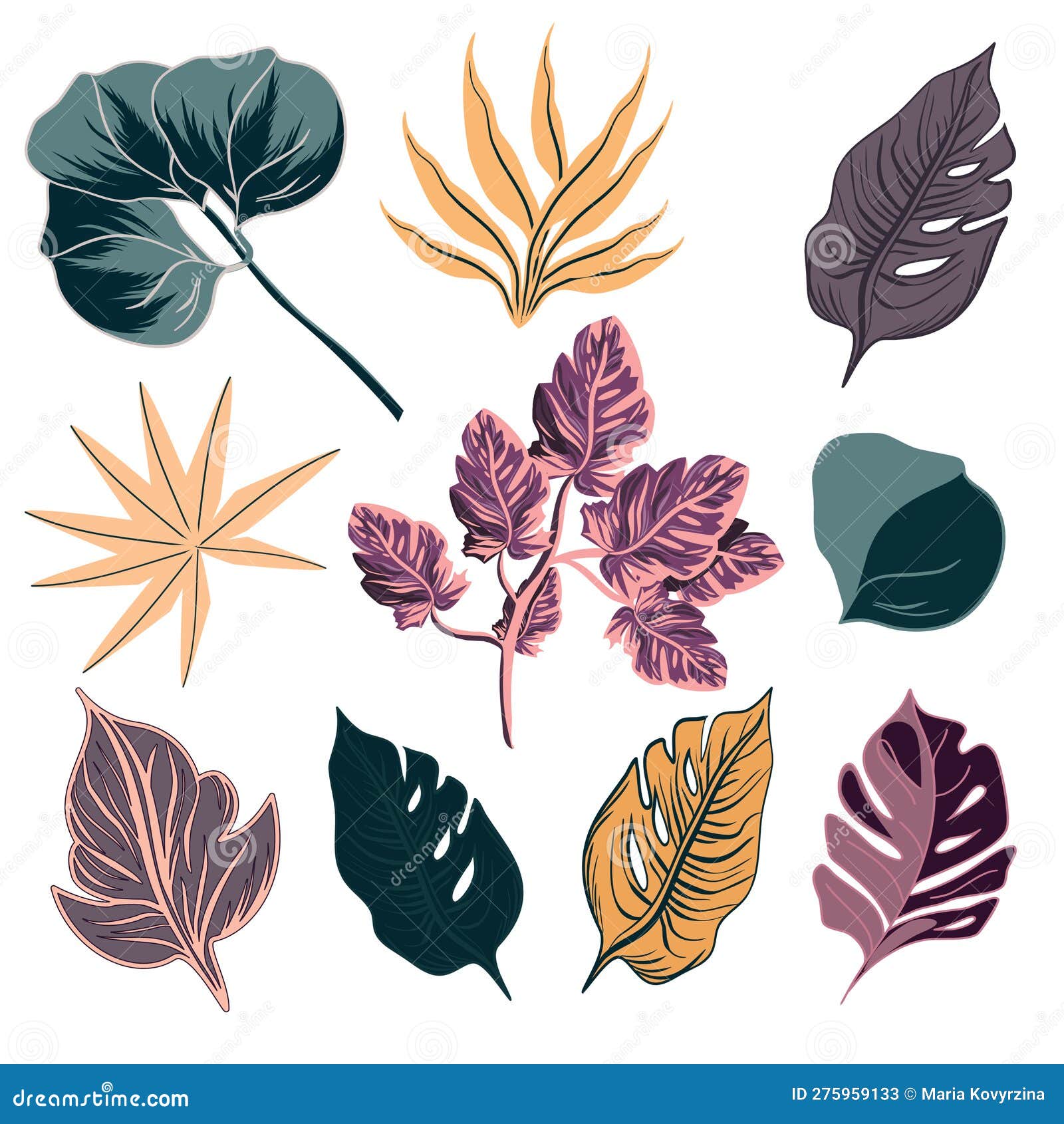Vector Set with Tropical Decorative Leaves Stock Vector - Illustration ...