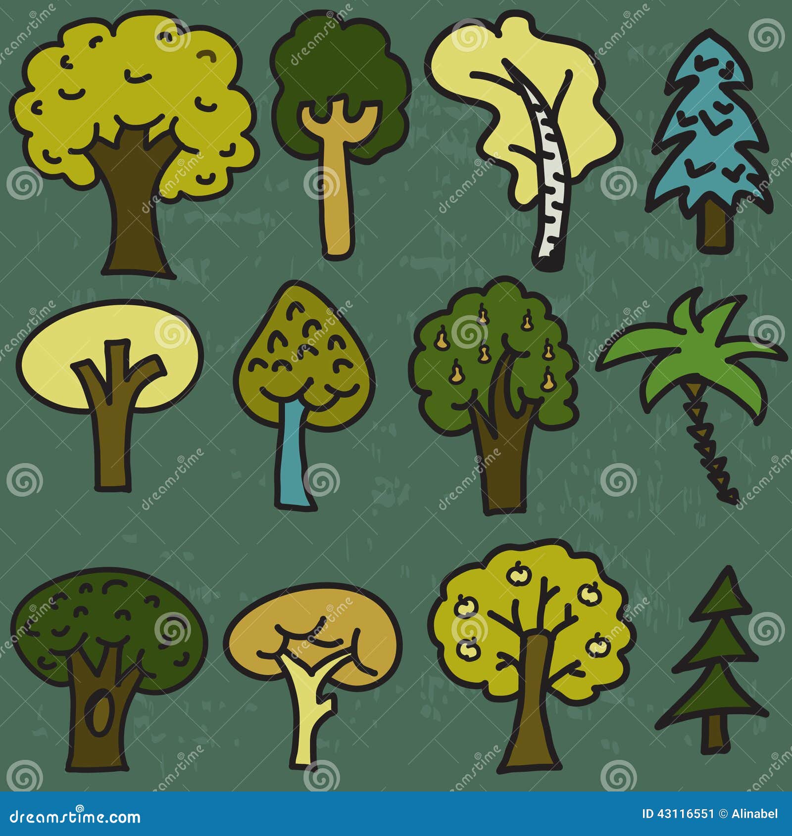 Vector Set of Twelve Cute Cartoon Hand-drawn Trees Stock Vector ...