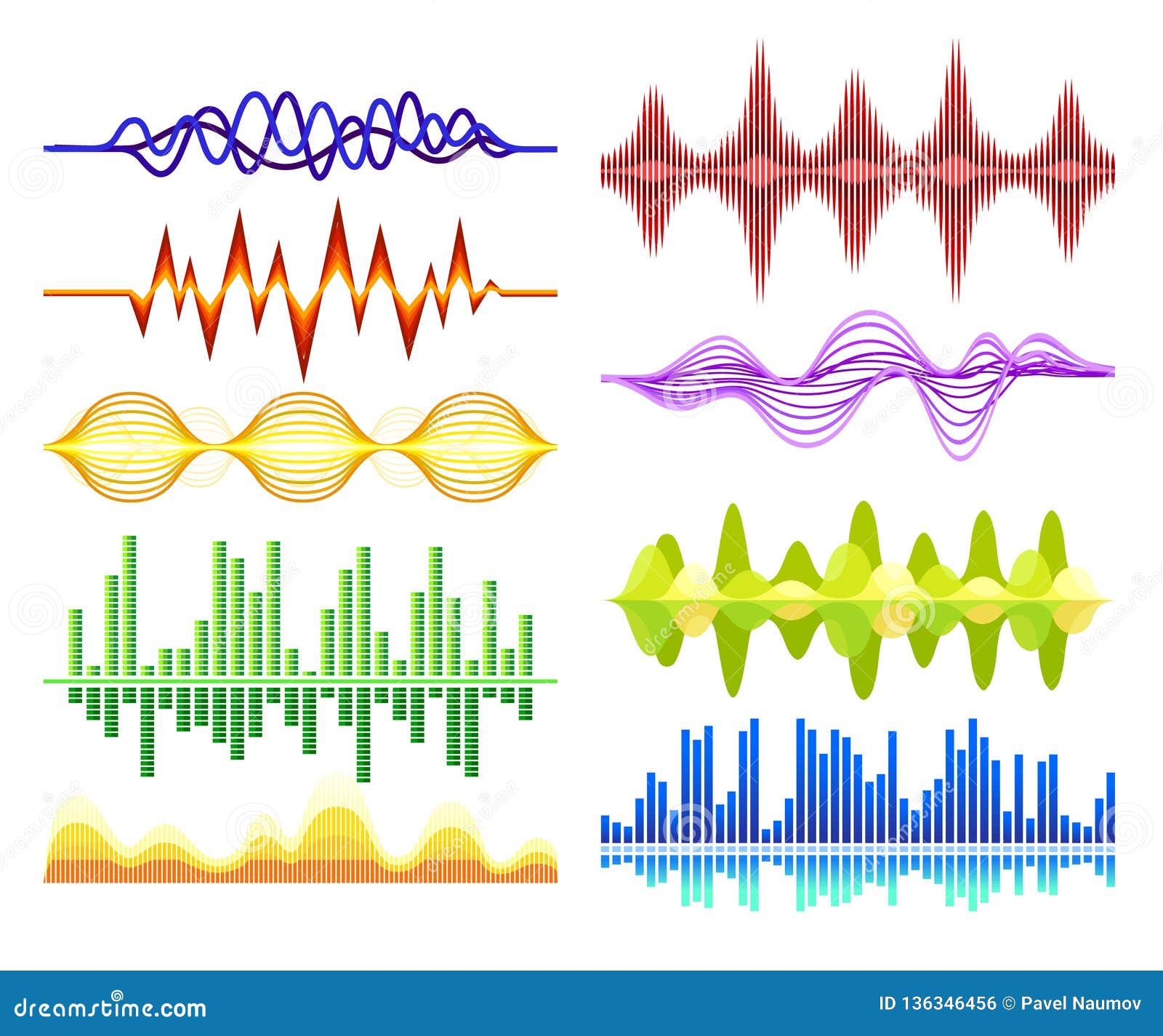 Vector Set of Various Abstract Music Waves. Sound Vibrations. Digital ...