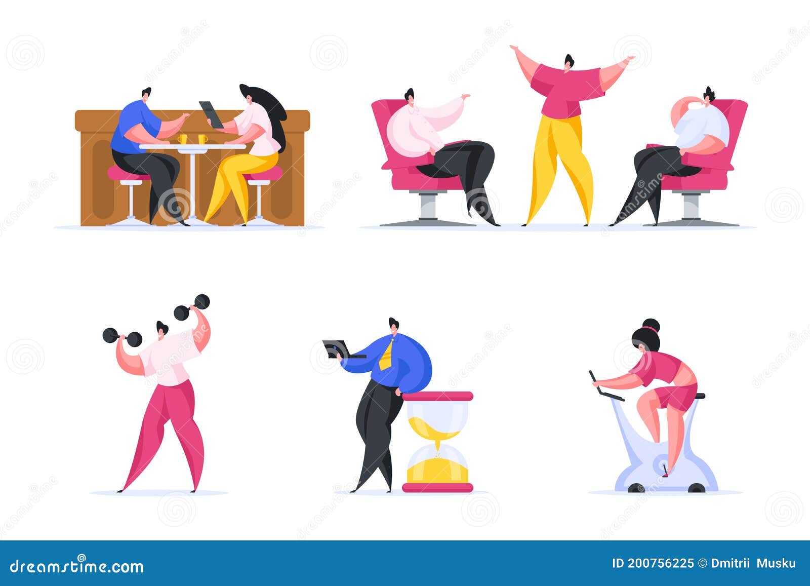 Set of Cartoon People Doing Sports and Communicating in Society Stock ...