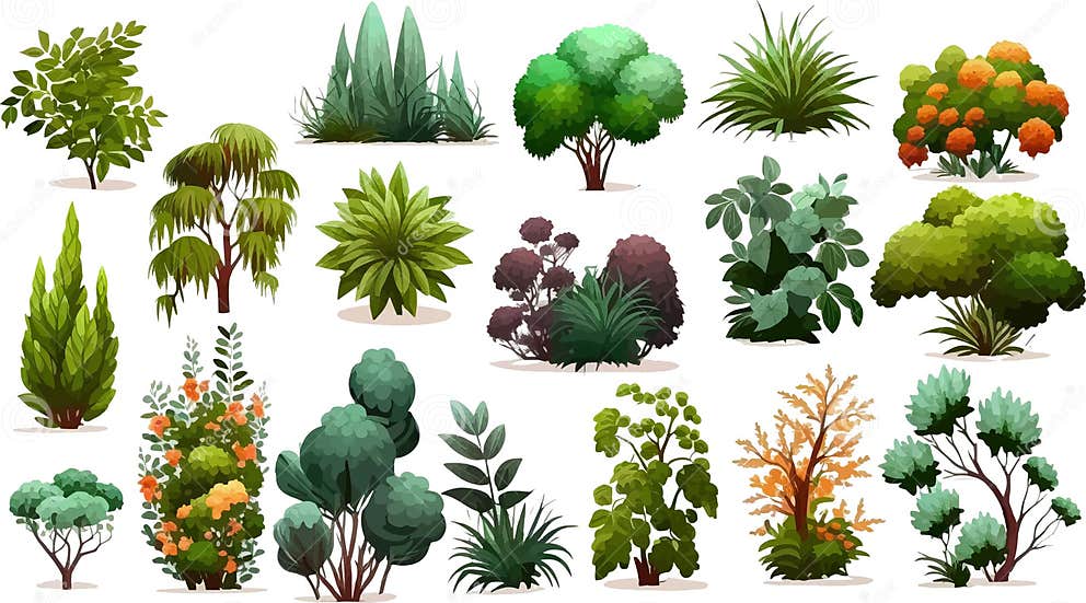 Vector Set of Vegetation Bushes, Grass and Trees. Stock Vector ...