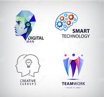 Vector Set of Virtual Mind, Smart Technology, Brain, Robot, Teamwork ...