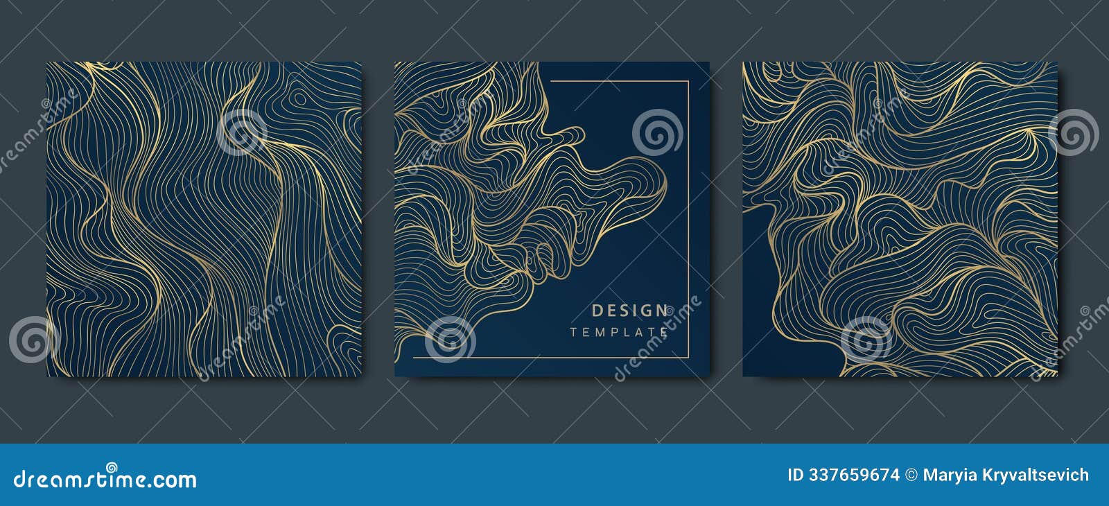 Vector Set of Wave Line Gold on Blue Square Cards, Sea Patterns, Fluid ...