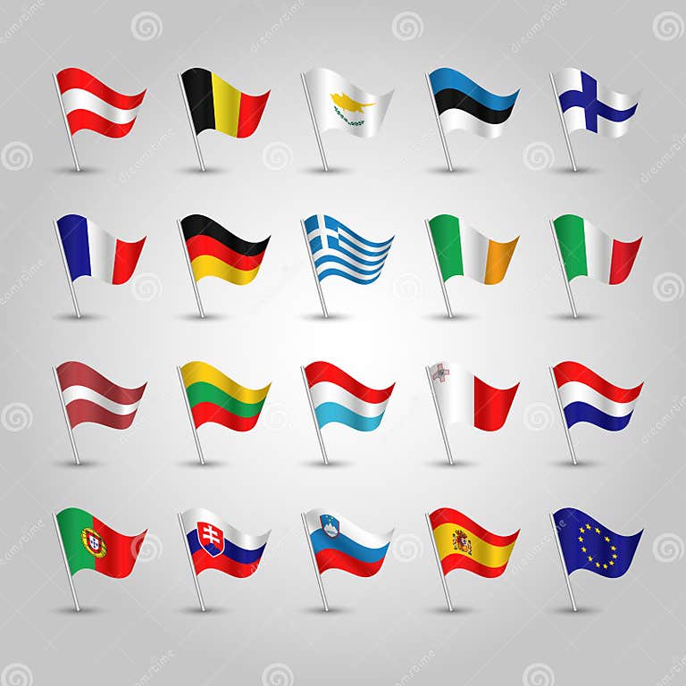 Vector Set of Waving Flags Eurozone Icon of European Union States Eu ...