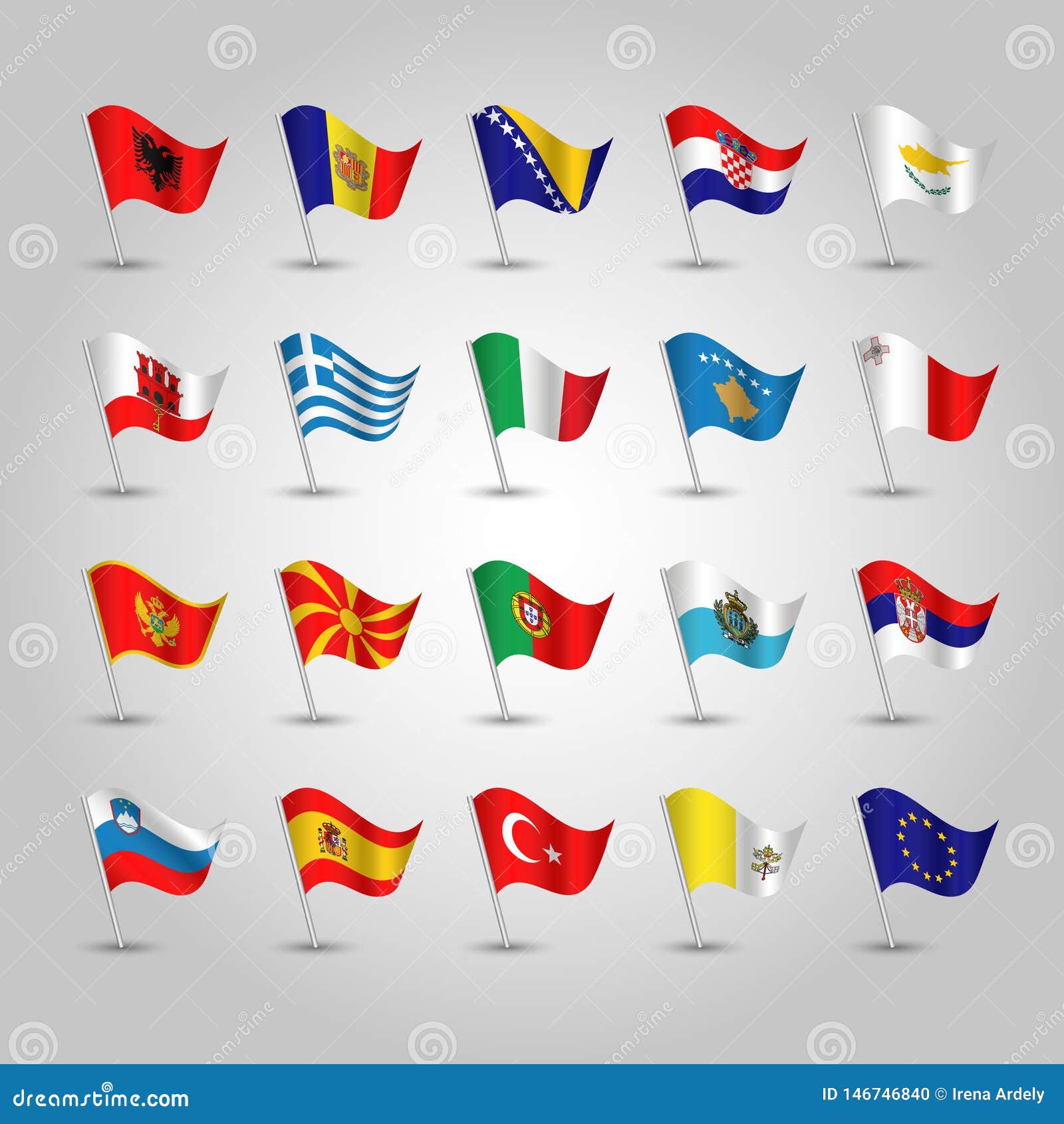 Vector Set of Waving Flags Southern Europe on Silver Pole - Icon of ... Vector Set of Waving Flags Southern Europe on Silver Pole - Icon of ...