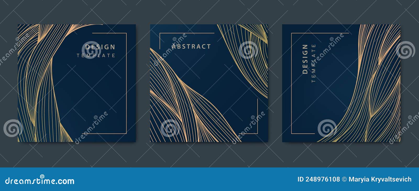 Vector Set of Wavy Luxury Line Cards, Golden Dynamic Square Backgrounds ...