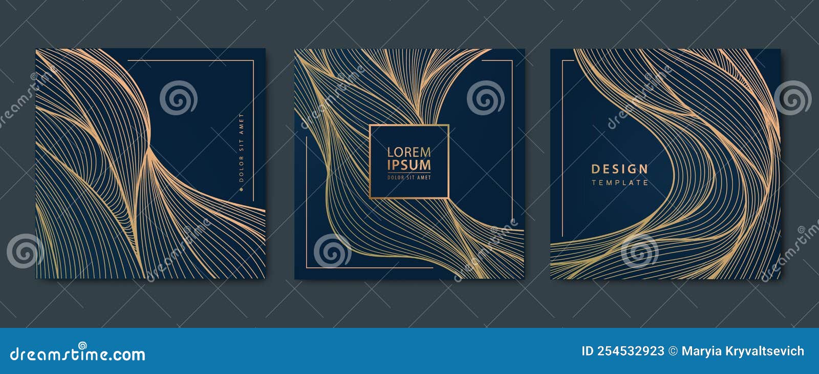 Vector Set of Wavy Luxury Line Cards, Golden Dynamic Square Backgrounds ...