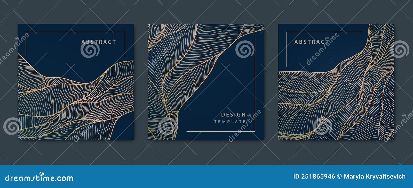 Vector Set of Wavy Luxury Line Cards, Golden Dynamic Square Backgrounds ...
