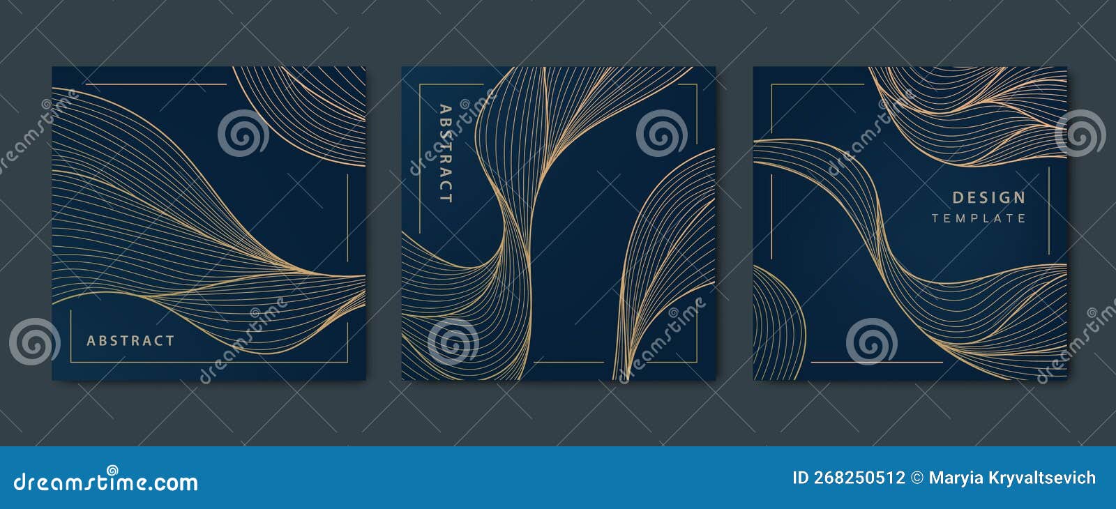 Vector Set of Wavy Luxury Line Cards, Golden Dynamic Square Backgrounds ...