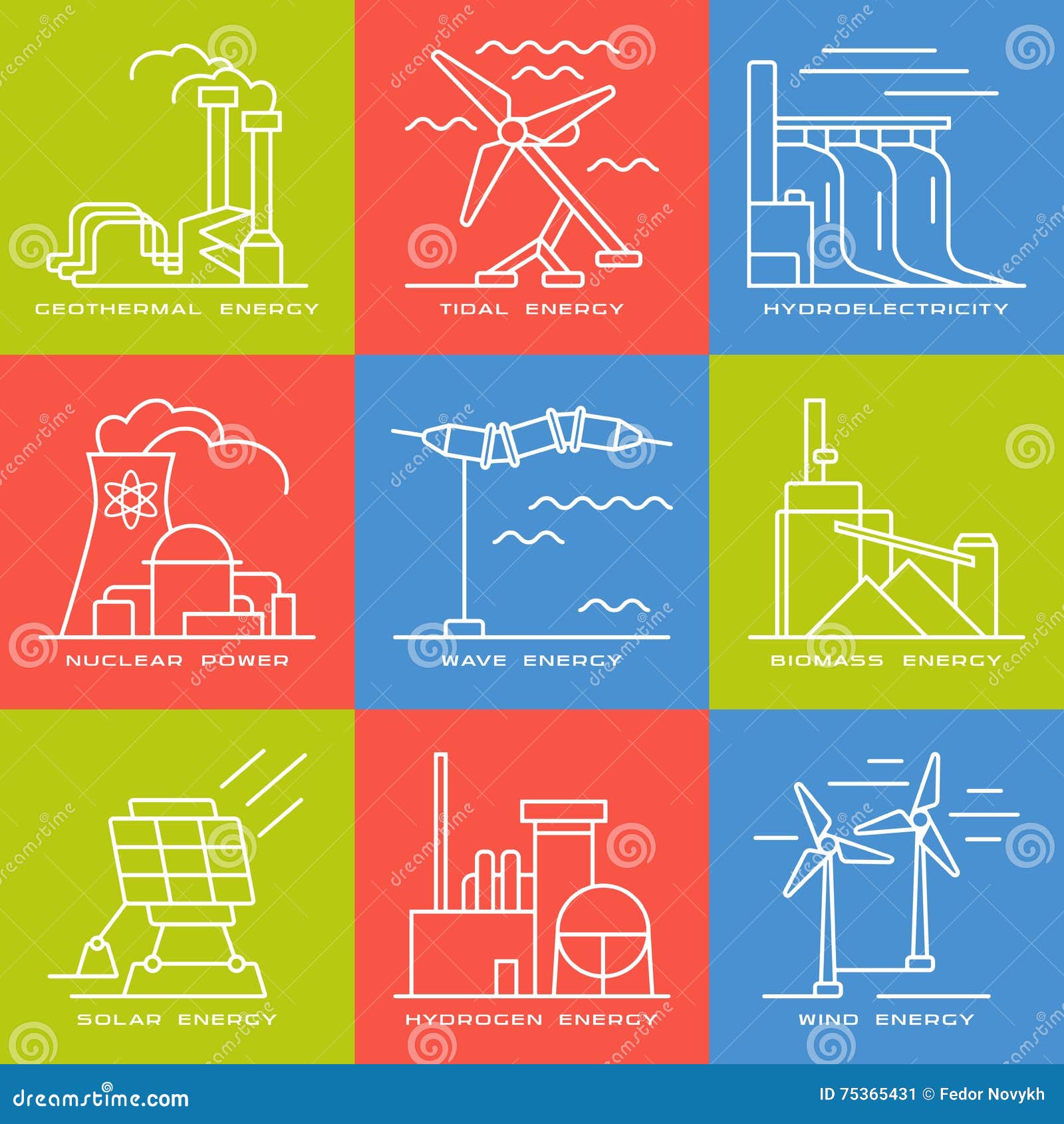 Vector Set of Web Icons on Electricity Generation Plants Stock Vector ...