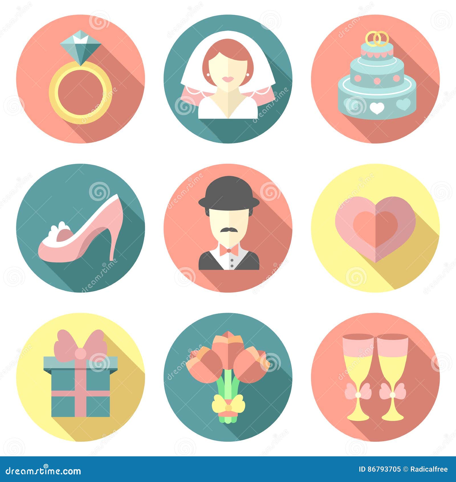 Vector Set of Wedding Flat Icons with Long Shadows Effect. Wedding ...