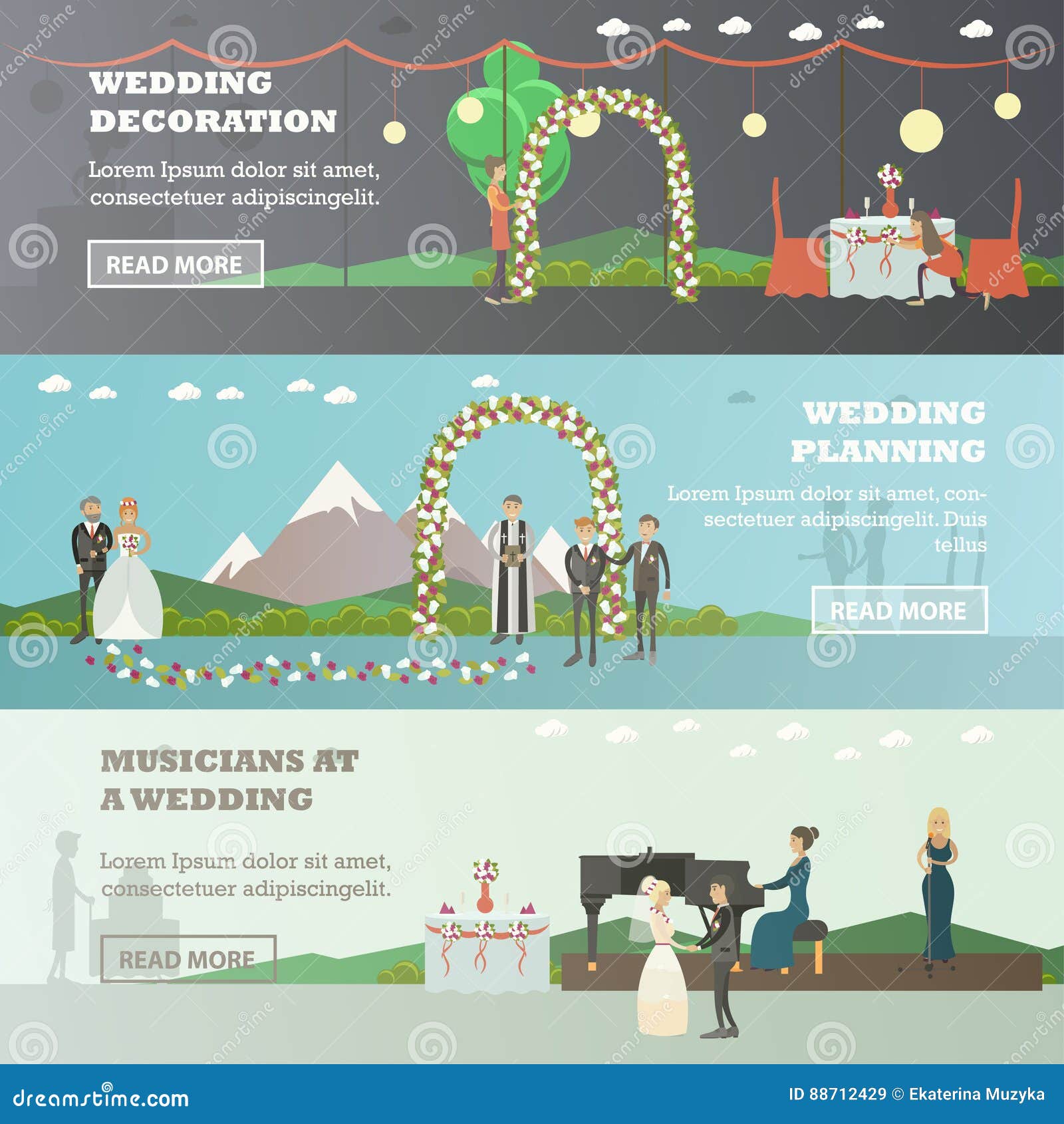 Vector Set of Wedding Horizontal Banners in Flat Style Stock Vector ...