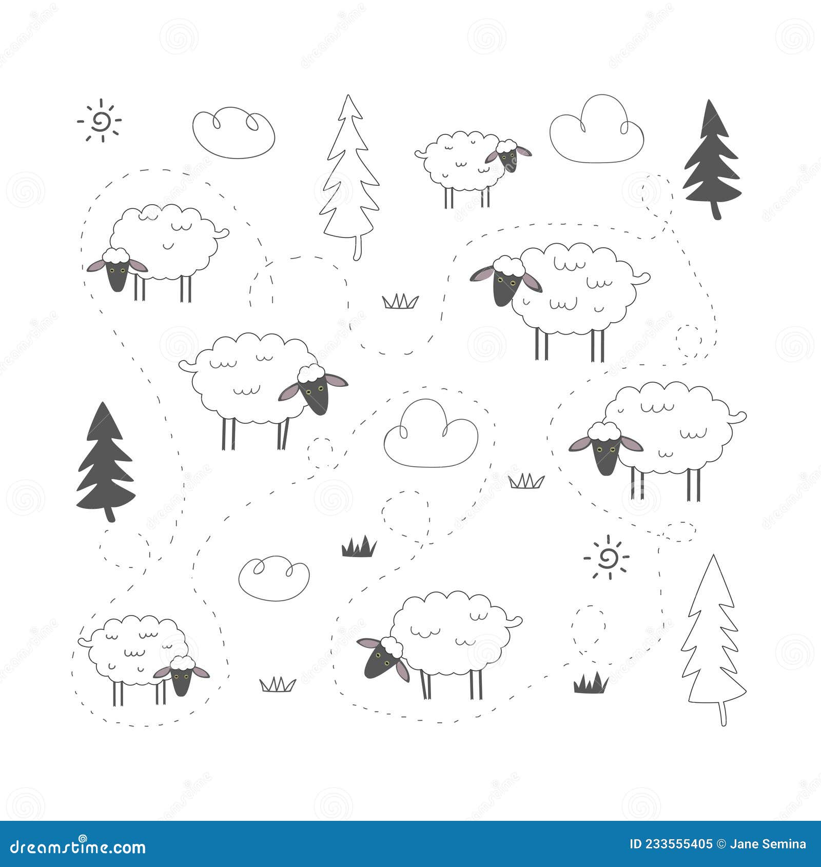 Vector Set of White Sheep with Black Muzzles, Clouds and Trees. Sheep ...