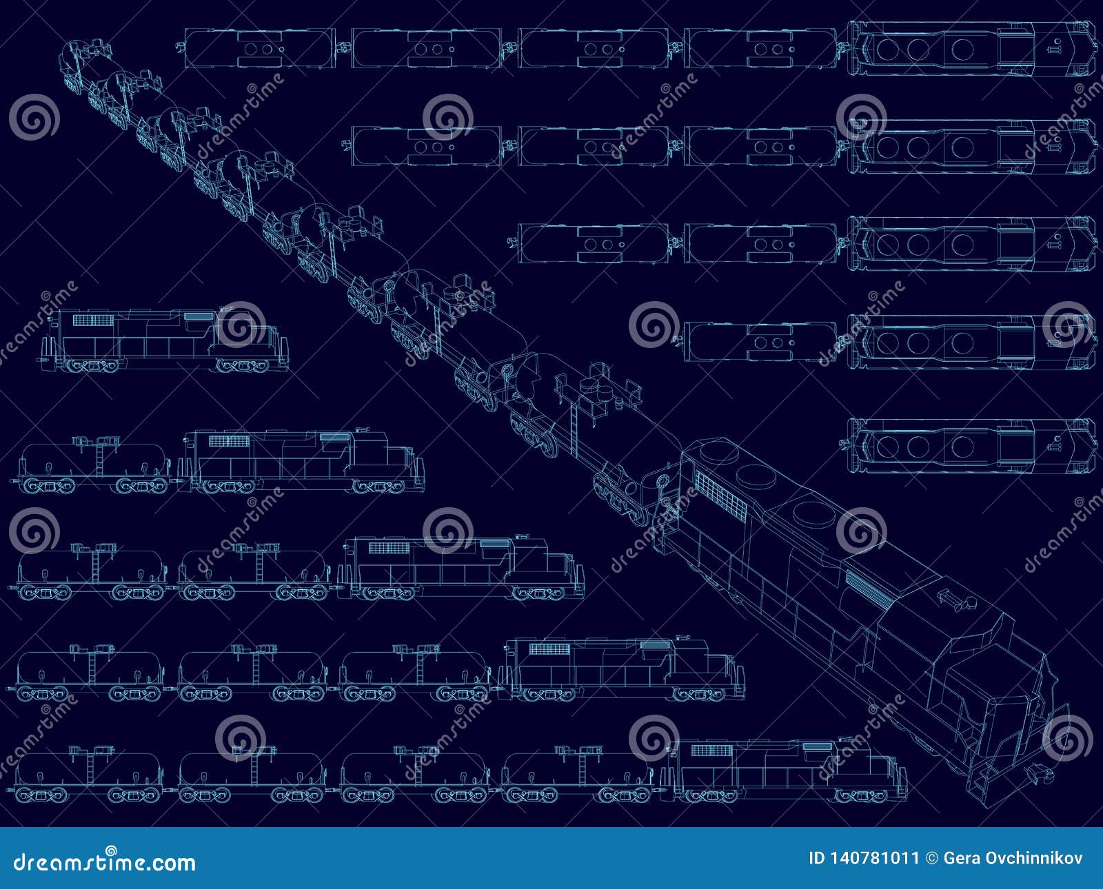 Vector Set of Wireframe Polygonal Trains and Wagons from the Blue Lines ...