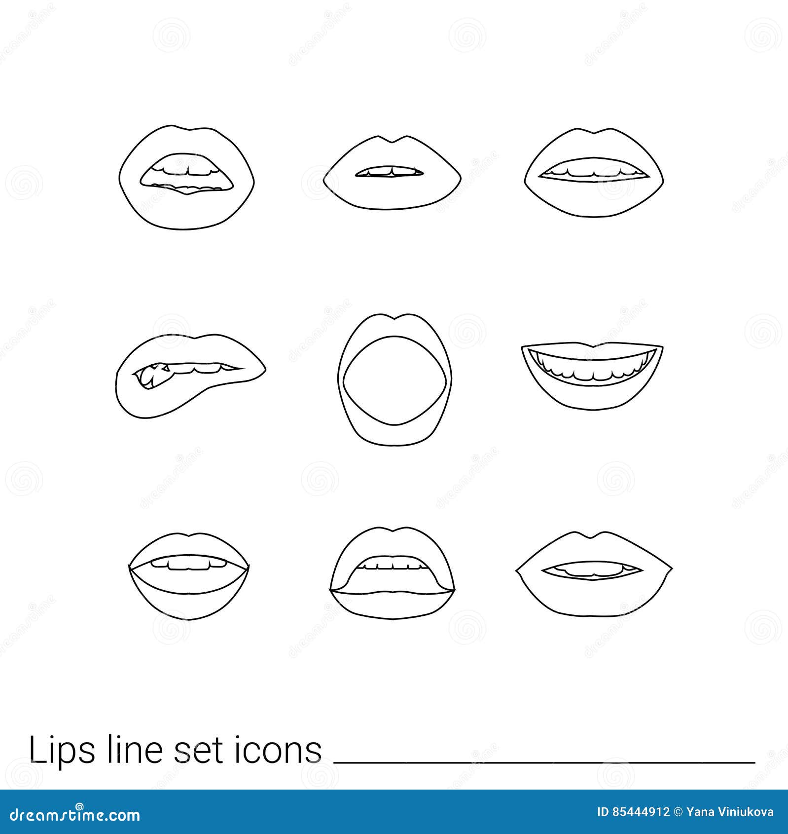 Vector Set Of Women`s Lips Icons With Red Lipstick Line Art Stock