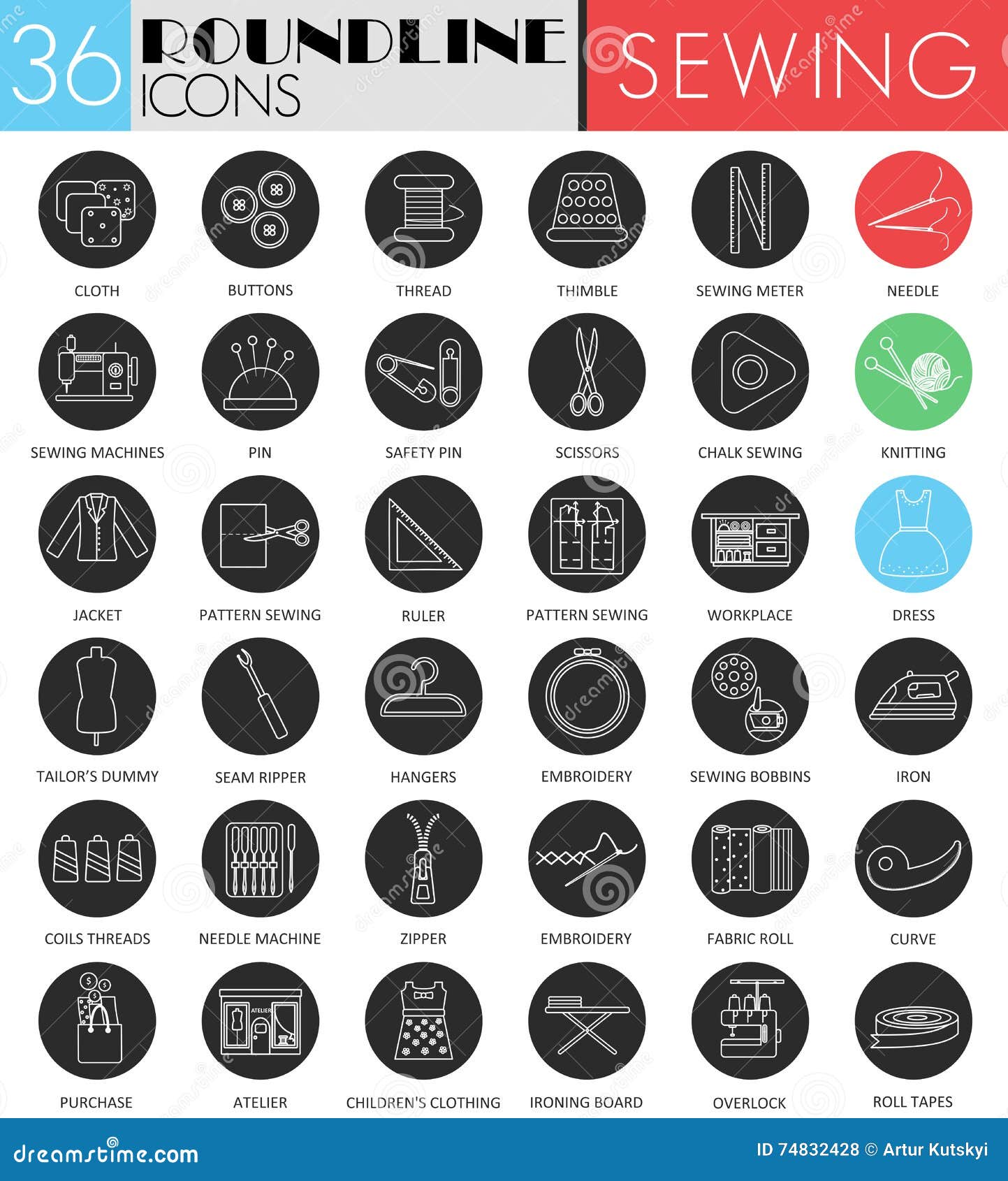 Vector Sewing Circle White Black Icon Set. Modern Line Black Icon ...